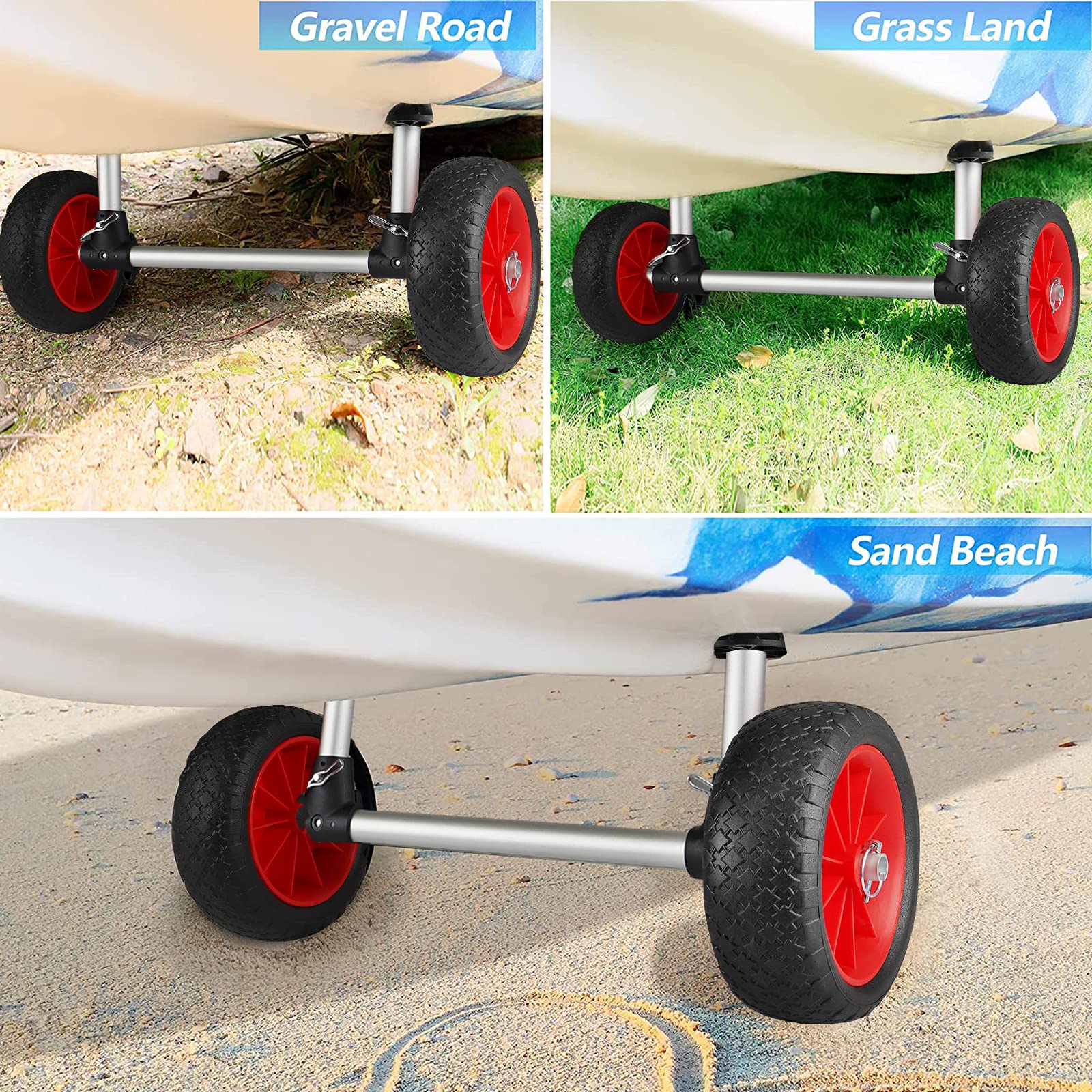 Lilithye Kayak Cart Dolly Scupper Portable Sit On Top Plug in Kayak Trolley Cart Universal Width Adjustable Solid Aluminum Wheel Cart for Kayak