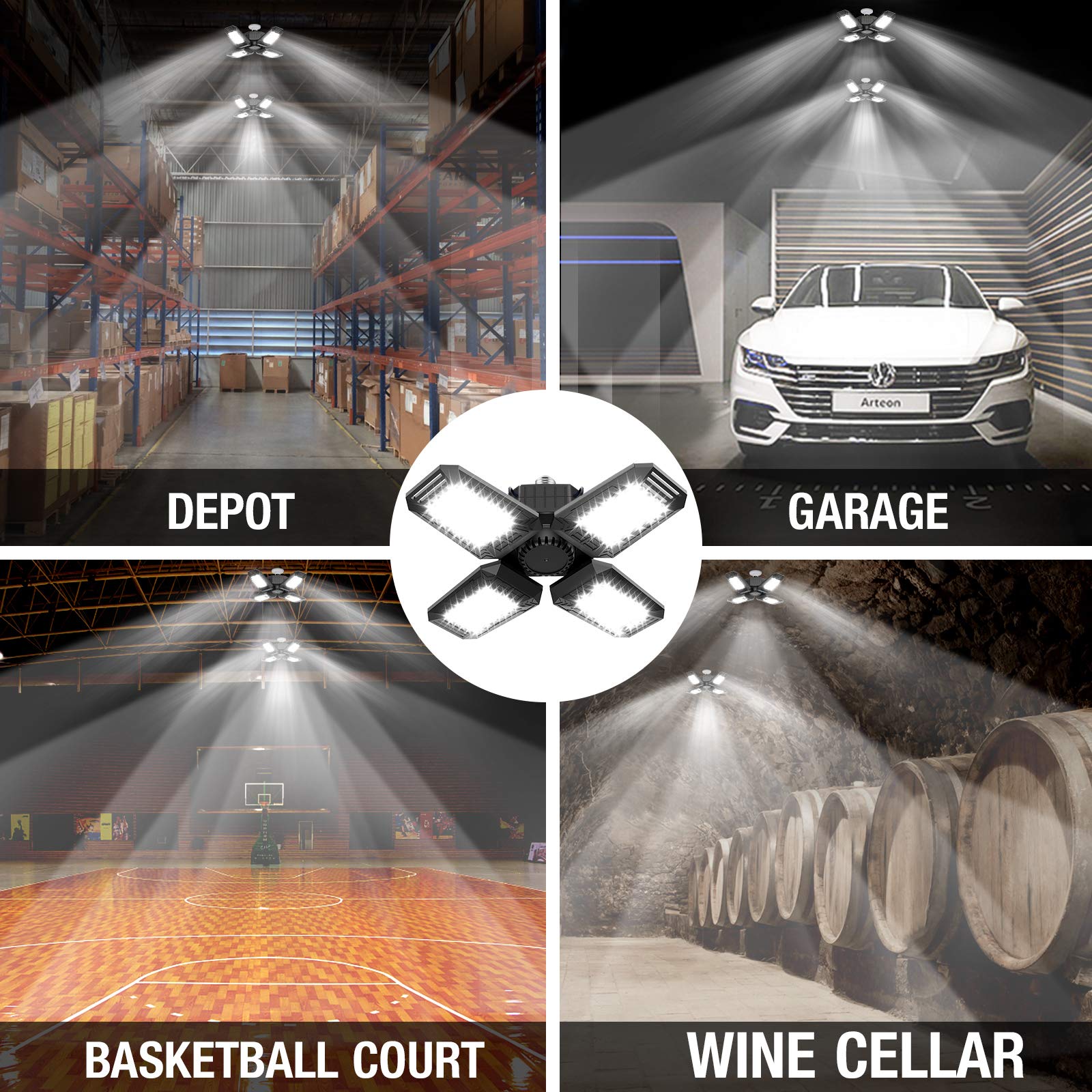 Jiffi 120W LED Garage Lighting, Deformable Garage Light, 12000LM 6500K Four-Leaf Garage Ceiling Light Fixtures with Adjustable Panels, E26/E27 Base, LED Lights for Basement Workshop Warehouse(2 Pack)