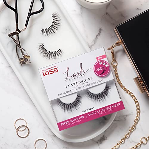 KISS Lash Couture LuXtensions Collection False Eyelashes, Flat Lash Technology, Real Lash Extension Fibers, Reusable, Contact Lens Friendly Strip Lashes, Style 'Black Swan', 1 Pair