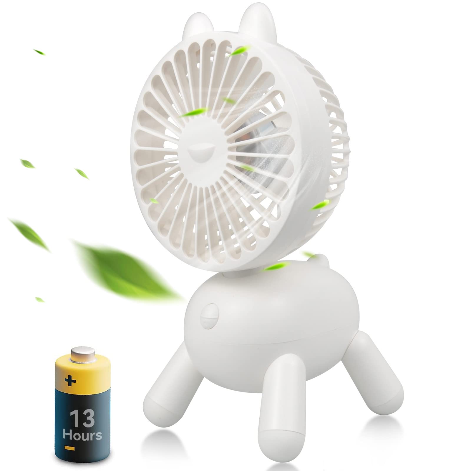 ikiu 8 Inch Small Rechargeable Mini Desk Fan with Rotating Head 13 Hours Usage,Cute Dog-Shape 4 Speeds Small Desk Fan for Home/Desktop/Office,White
