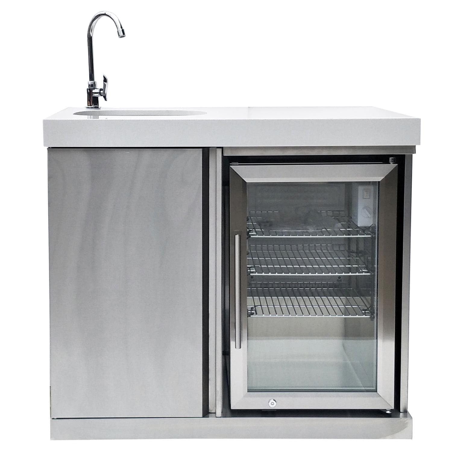 Mont Alpi MASF-SS Stainless Steel Beverage Center Cabinet Module + 2.7 Cubic Feet Wine Cooler Outdoor Rated Temperature Adjustable Compact Lockable Refrigerator + Faucet & Sink