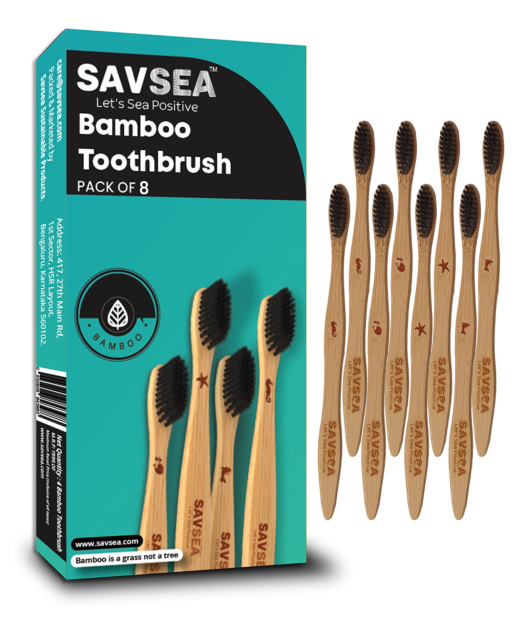 SAVSEA Bamboo Charcoal Soft bristles Toothbrush (8 Count) & Neem Wooden Comb for Men & Women Pack of 3 Combo