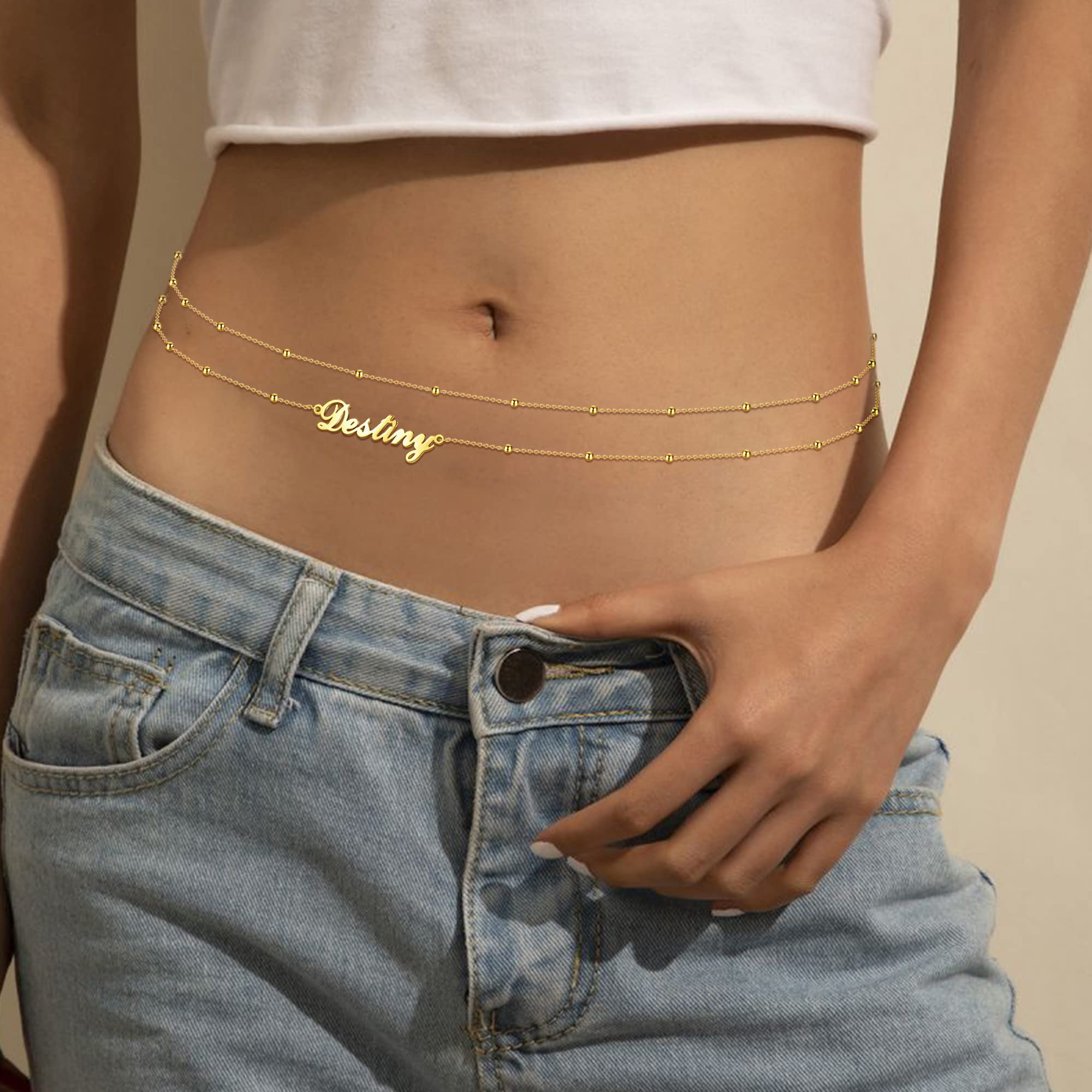 Jewenova Name Waist Chain Personalized Custom Name Date Beach Bikini Sexy Body Chain Jewelry for Women