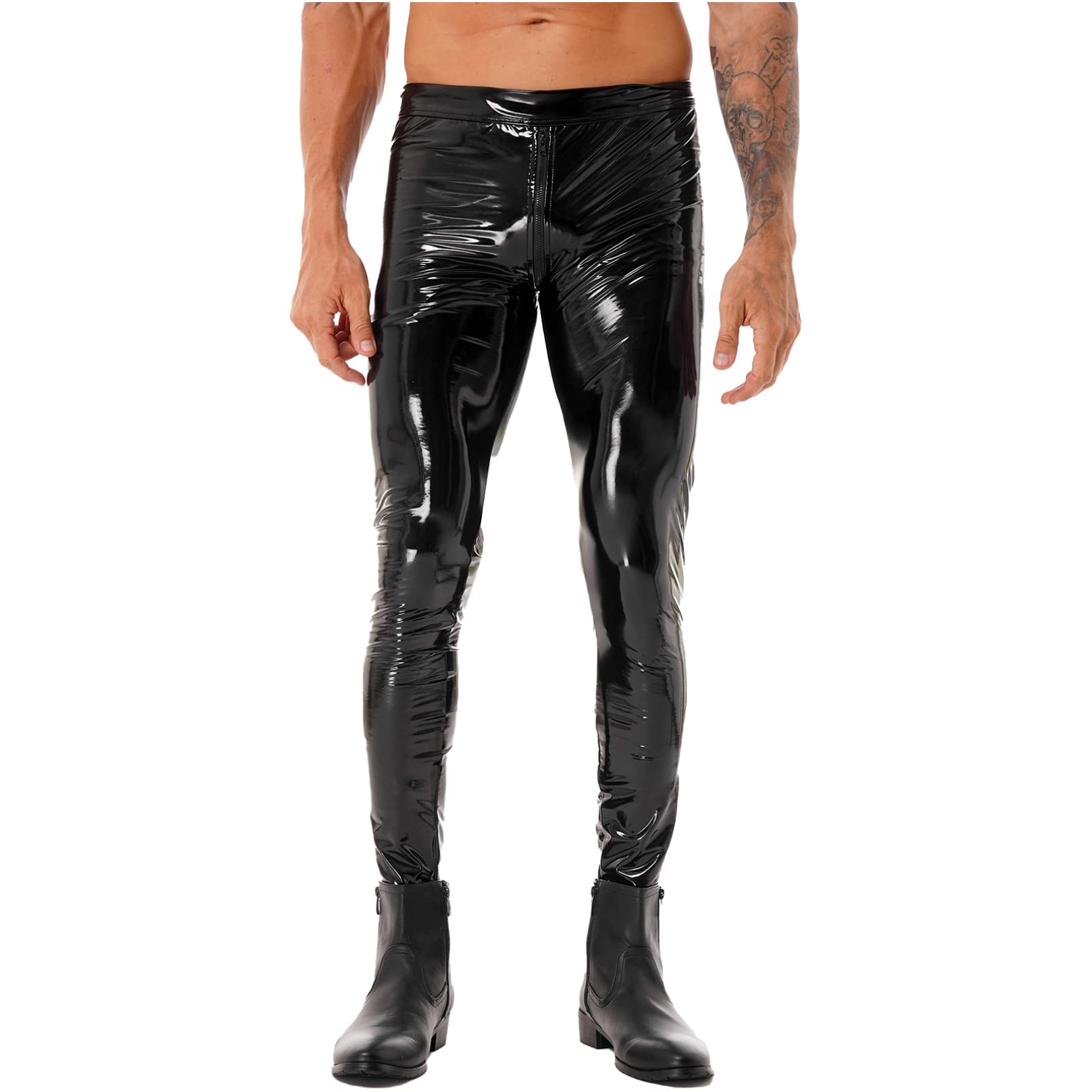MSemis Men's Faux Leather Pants Punk 80's Rock Skinny Leggings Tight Gothic Motorcycle Biker Pants Type D X-Large