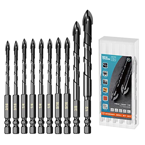 NewShark Concrete Drill Bit Set 10PCS, Masonry Drill Bits for Brick, Glass, Plastic and Wood, Tungsten Carbide Tip Work with Ceramic Tile, Wall Mirror, Paver on Concrete or Brick WallïŒ3/16â-1/2â ïŒ