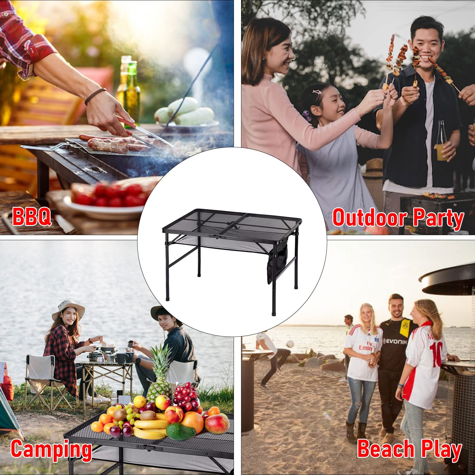 Kweetle Foldable Camping Table, Aluminum Camp Grill Table Height Adjustable, Portable Table with Mesh Bag, Picnic Tables for Outdoors, RV, BBQ, Garden, Cooking, Beach (35.4" x 23.6" x 26.4")