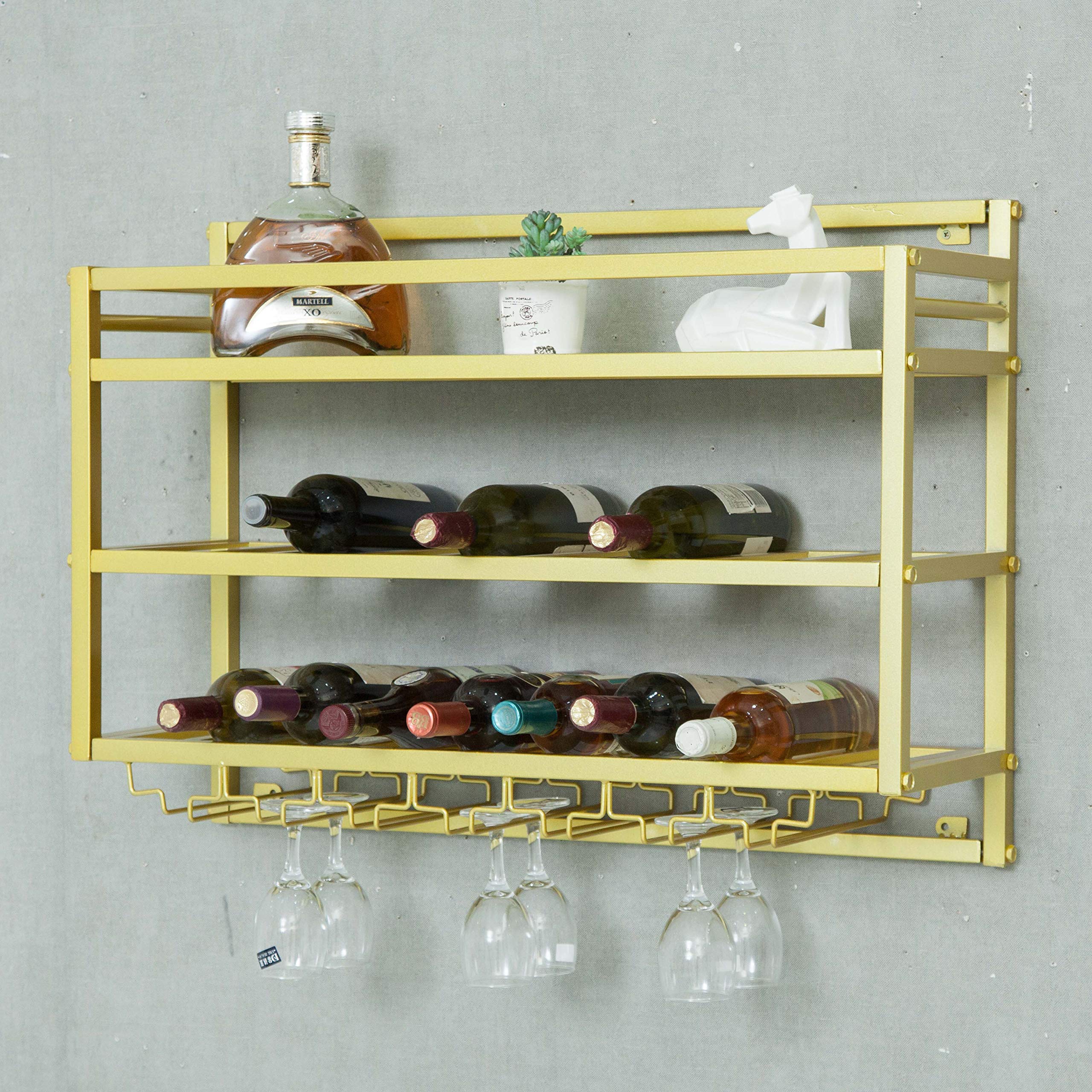 Modern 3-Tier Wall-Mounted Wine Rack, 20 Bottles and Glass Holder, Metal Wine Storage Rack Organizer, Wine Display Shelf for Home Kitchen Bar Restaurant (L: 31.5'', Gold)