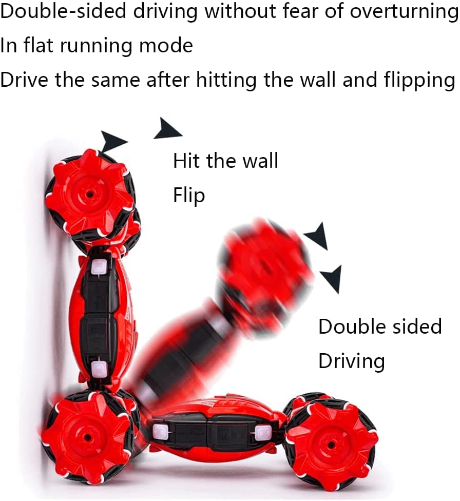 RC Stunt Car, 4WD 2.4GHz Remote Control Car Deformable All-Terrain Off Road Car, 360 Degree Flips Double Sided Rotating Race Car with Gesture Sensor Watch Lights Music for Kids (Red) A93