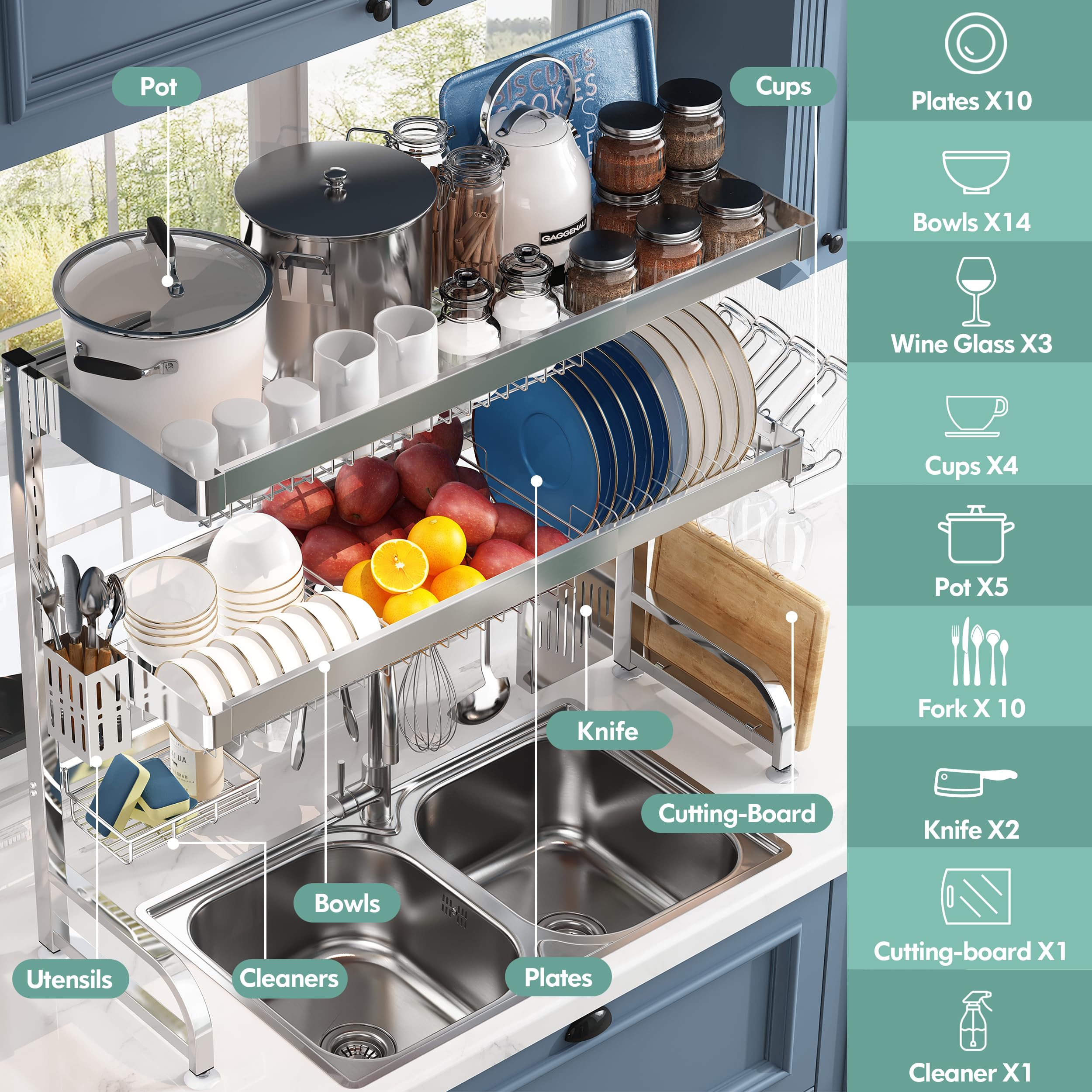 Over Sink Dish Drainer Drying Rack,MAJALiS 3-Tier 304 Stainless Steel Large Dish Racks for Kitchen Counter,Above Sink Organizer,(Sliver, 25.5"-35.5")