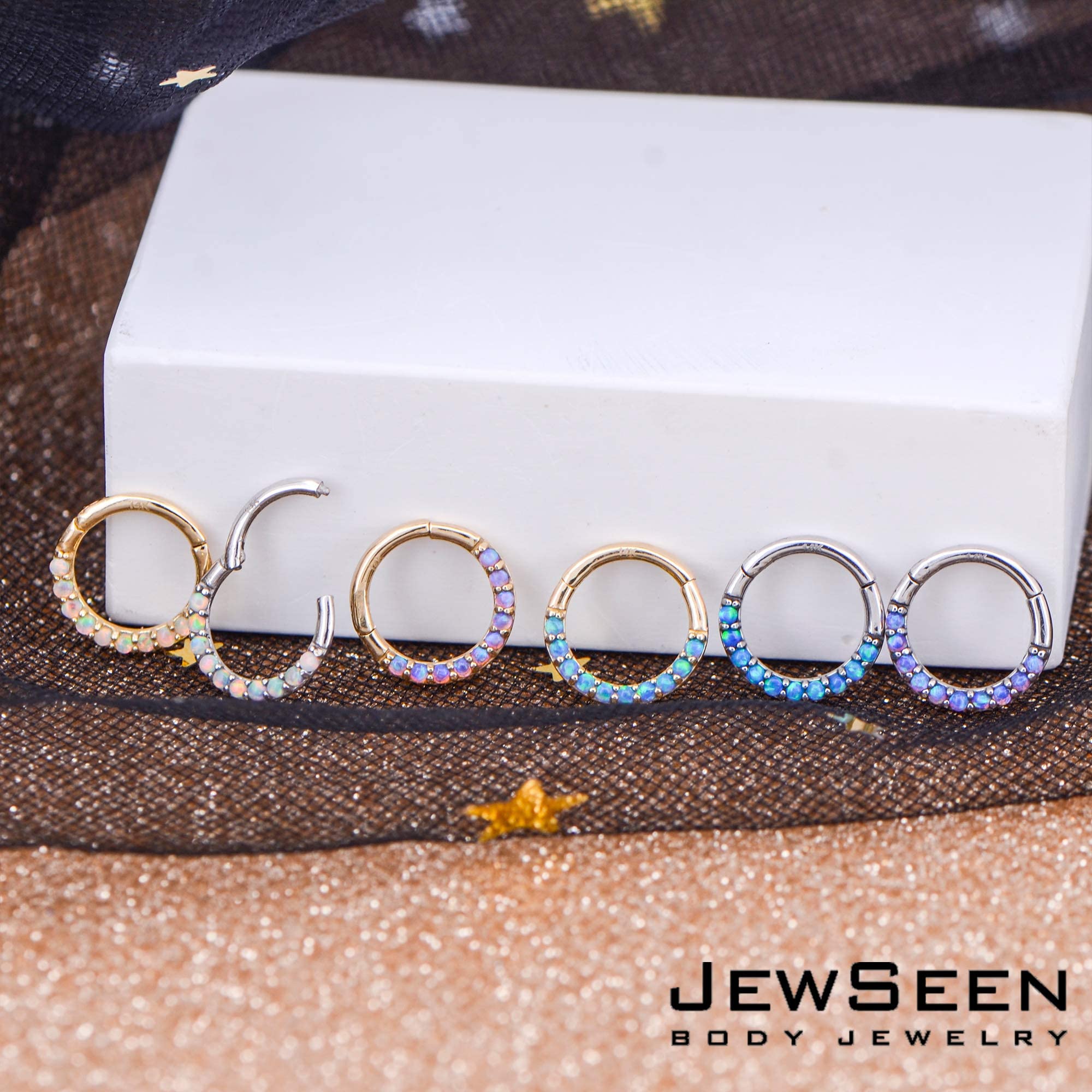 Jewseen 14K Gold Opal Lined Set Hinged Segment Hoop Rings 16g Septum Clicker Nose Rings Daith Trgaus Helix Earring Body Piercing