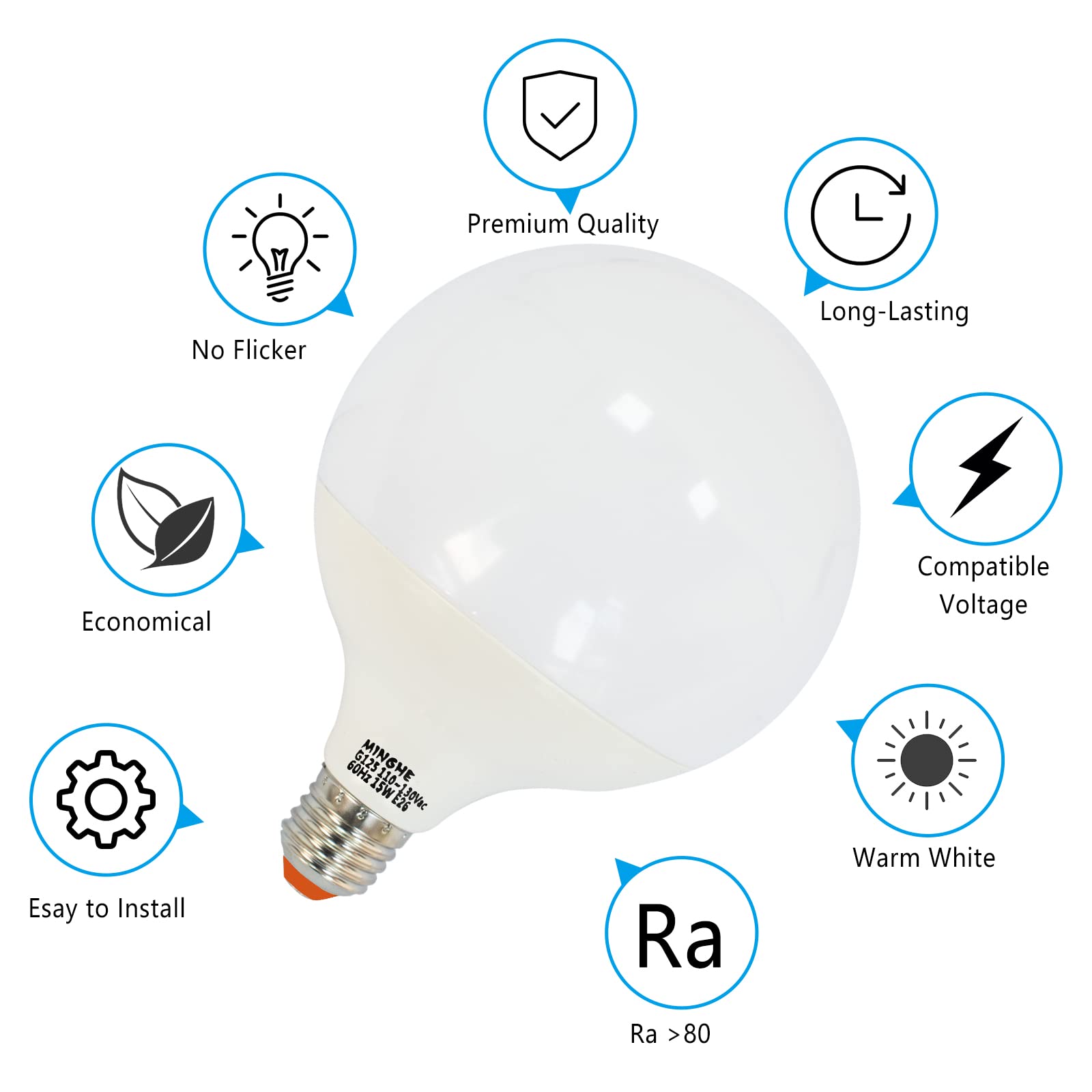 MINGHE G125(G40) 15W Globe Edison LED Light Bulb,Screw Base E26,3000K,1600 Lumens,Not-Dimmable,1pack