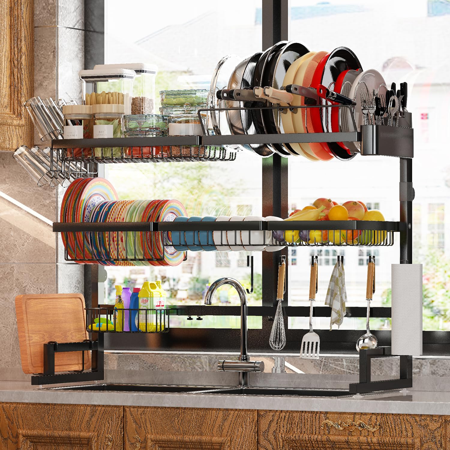Over Sink Dish Drying Rack (Expandable Height/Length) Snap-On Design Large Dish Drainer Stainless Steel Storage Counter Organizer (31-39.5L x 12W x 34-38H (inches))