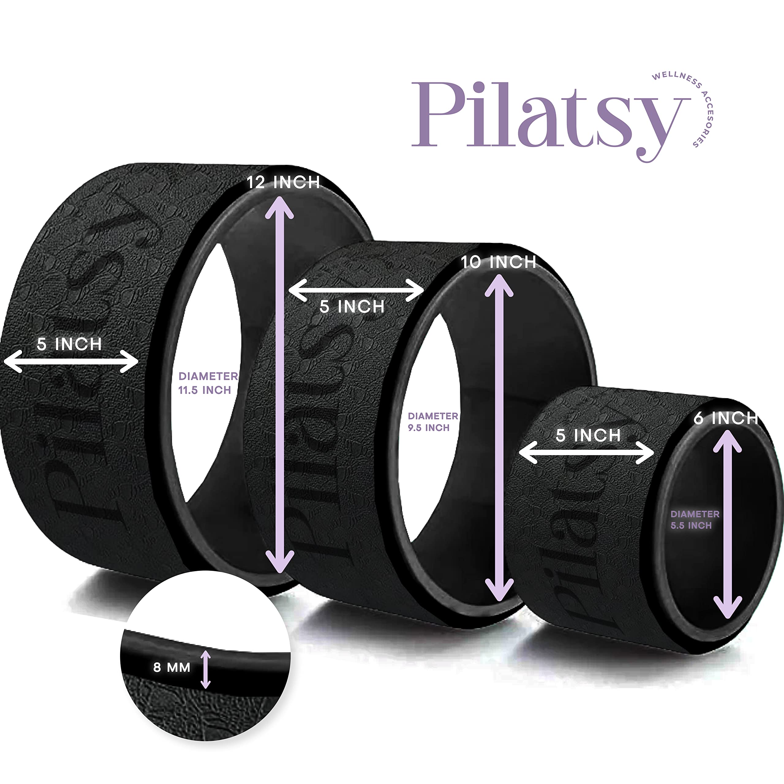 PILATSY Yoga Wheel Set – Pack of 3 Foam Rollers for Back Pain Massage, Stretch, Release, and Relief with Thick Padded Cushion for Better Pose & Backbend (Set of 3, Black)