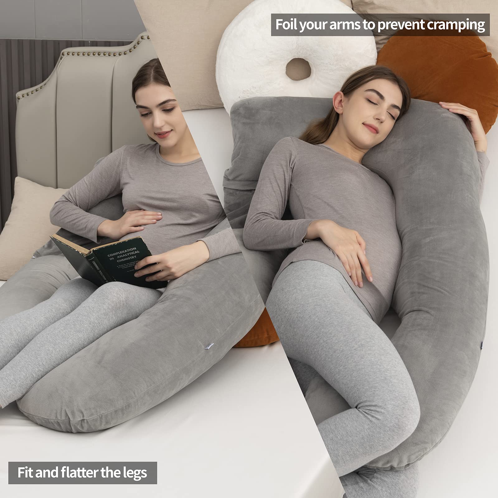 QSCESICO Pregnancy Pillows for Sleeping - Body Pillow for Pregnancy - Memory Foam and Fiber Clusters Maternity Pillow with Removable Washable Velvet Cover(U Shape,Grey