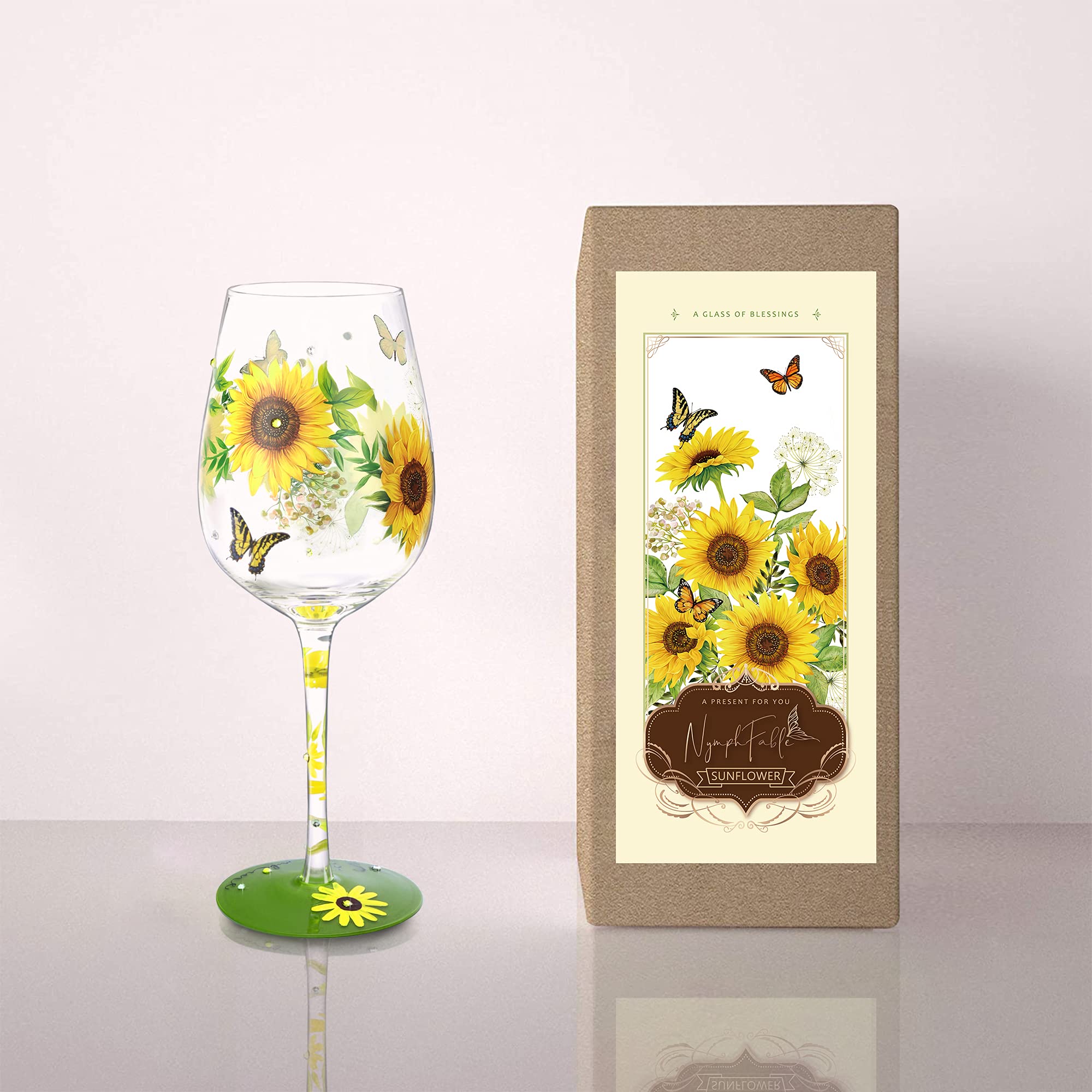 NymphFable Hand-painted Wine Glass Sun Flower Butterfly Artisan Painted 15oz Personalised SunFlower Gifts for Women
