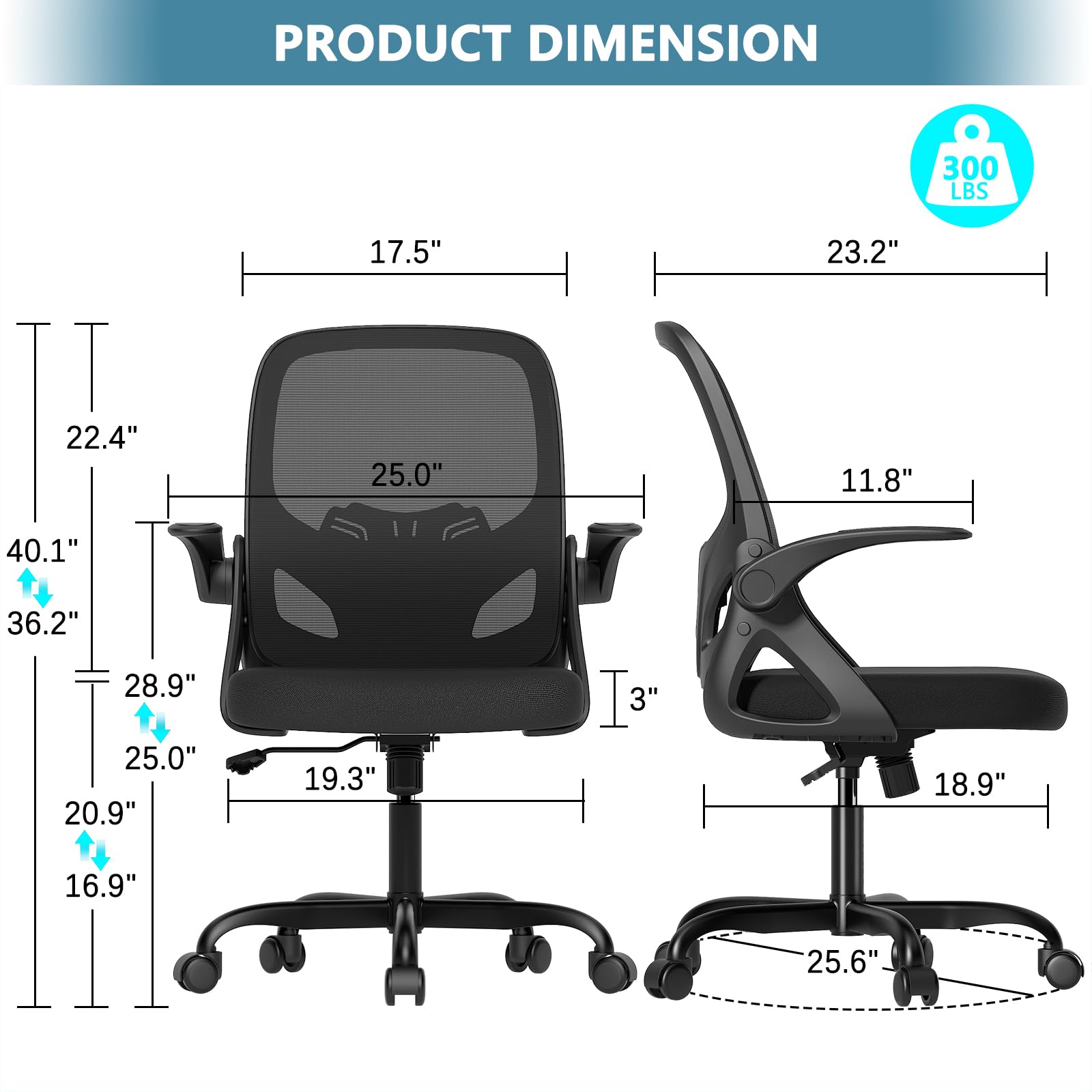 Kensaker Office Desk Chair with Lumbar Support Ergonomic Mesh Office Chair with Wheels and Flip-up Armrests Adjustable Height Swivel Computer Chair for Home and Office (Black)