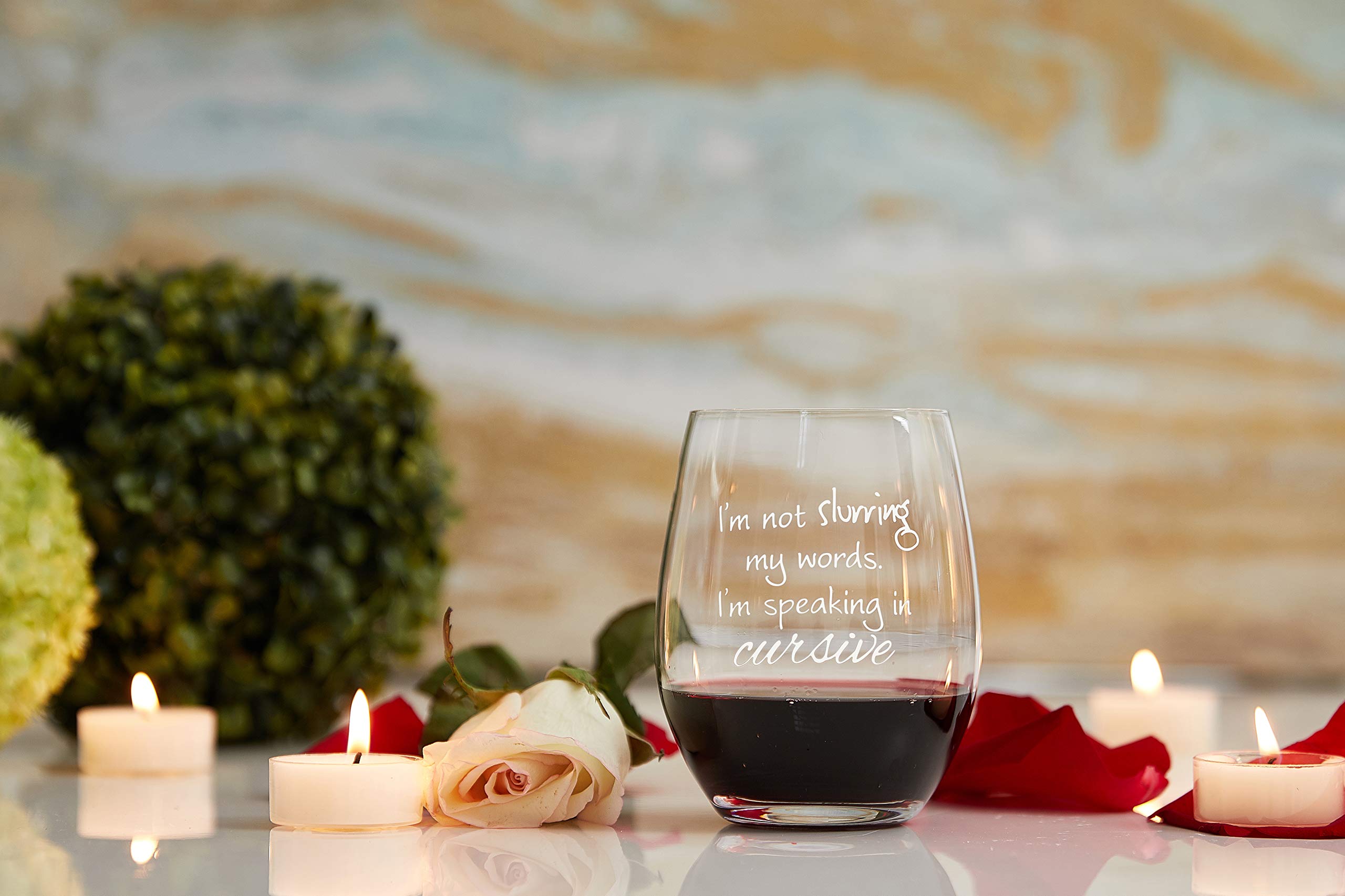 Lushy Wino - I'm Not Slurring My Words. I'm Speaking in Cursive | 18oz. Etched Stemless Wine Glass: Dishwasher Safe Funny Wine Glasses For Women in Gift-Ready Box