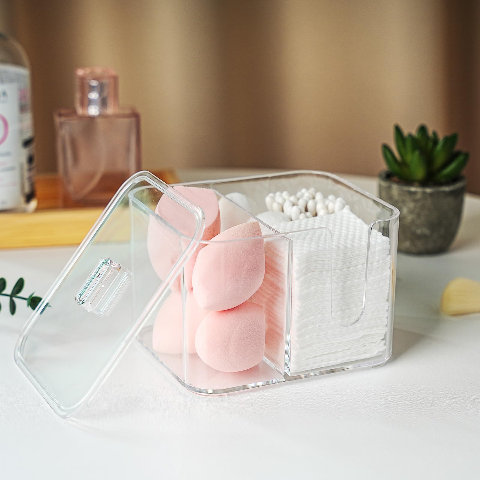 Qtip Holder, Cosmetic Items Storage Dispenser, 4 Compartments Bathroom Canisters for Cotton Swab, Cotton Ball, Cotton Pad Organizer, Clear Acrylic Containers with Lid for Bathroom Vanity Countertop