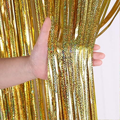 WOPARTY Fringe Curtains Gold,4 Pack 3.3x6.6 ft Foil Tinsel Curtains for Birthday Wedding Party Photo Backdrop