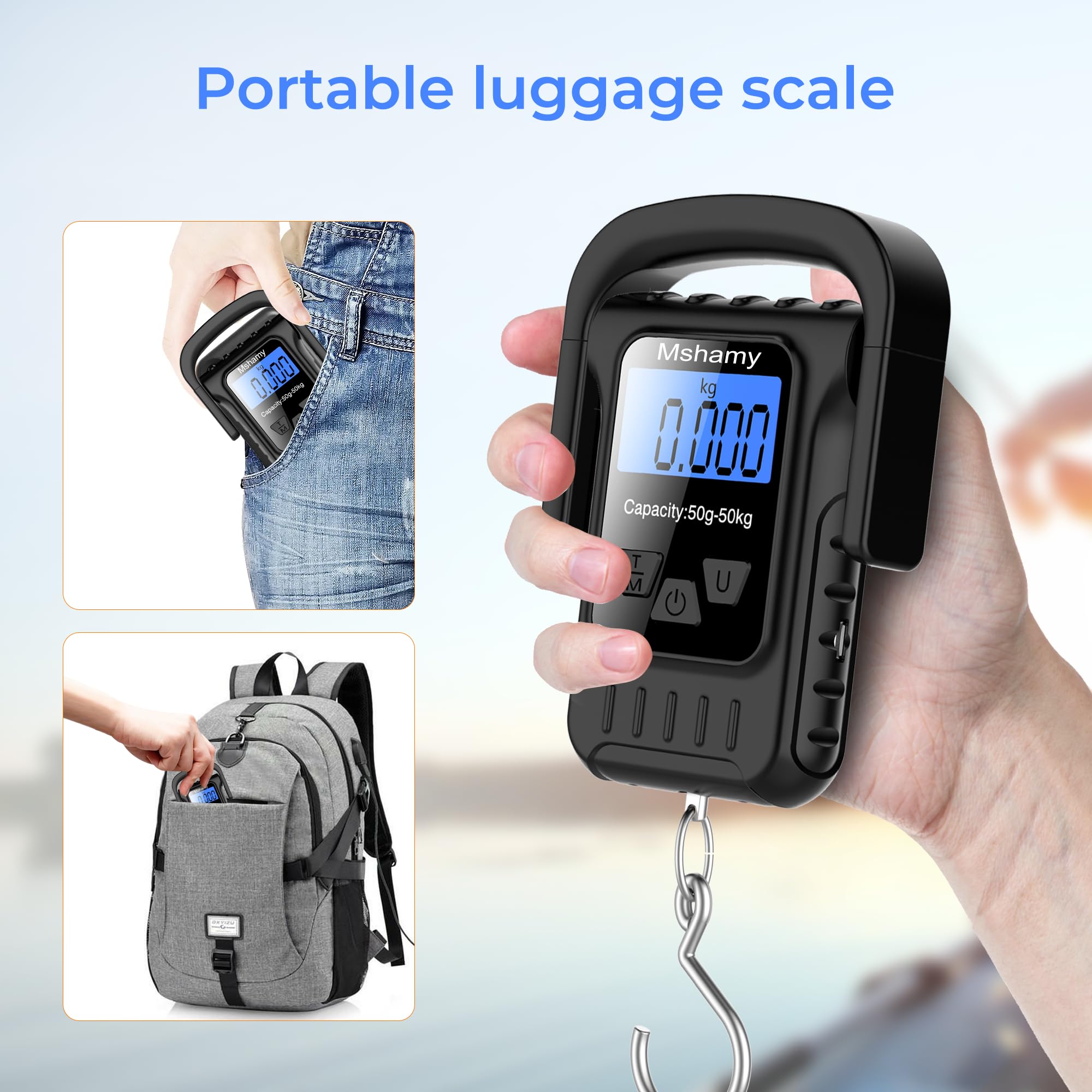 Mshamy Luggage Scale110lbs/50kg Digital Fishing Scale with Backlit LCD Display, Hanging Scale with Portable Large Handle Measuring Tape, Suitcase Scale for Travel Include 2 AAA Batteries