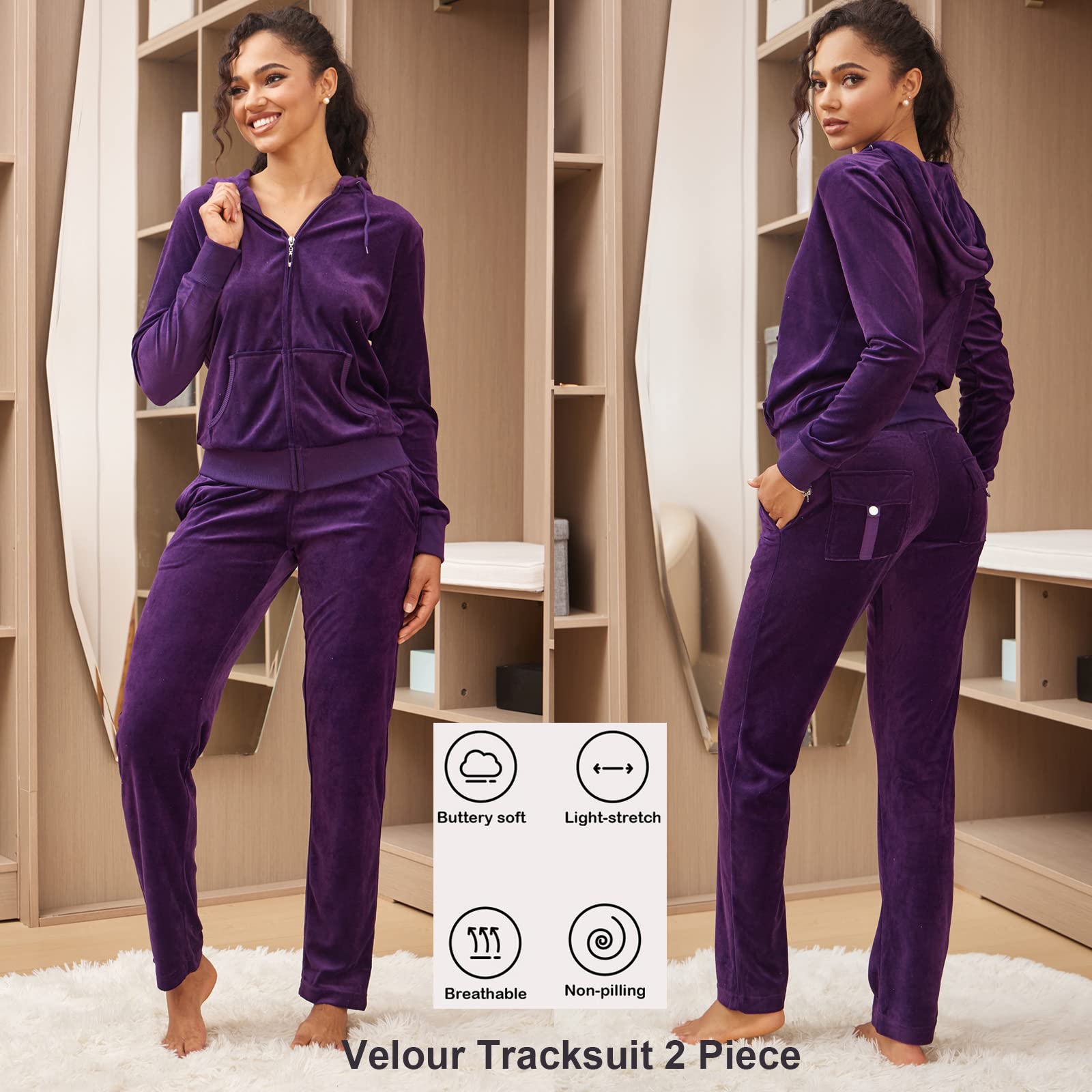 LeeHanTon Womens 2 Piece Outfits Velour Tracksuits Long Sleeve Sweatsuits Sports Jogging Velvet Lounge Set LJS200 Purple 3XL