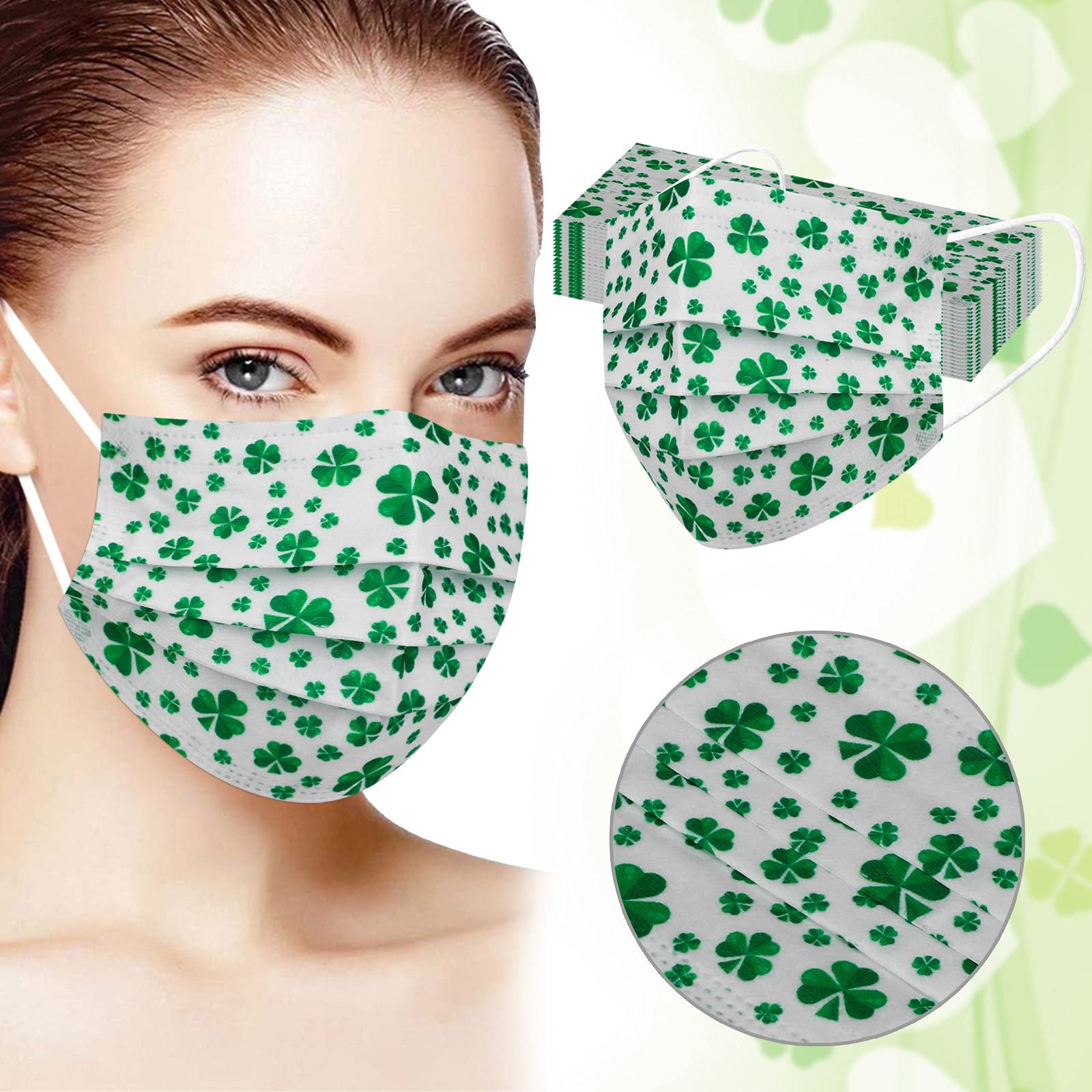 Rvikurc 50PC St.Patrick's Day Masks Disposable for Adult,3 Ply Facemasks with Green Shamrocks Gnome Designs,Holiday Facemask Outdoor