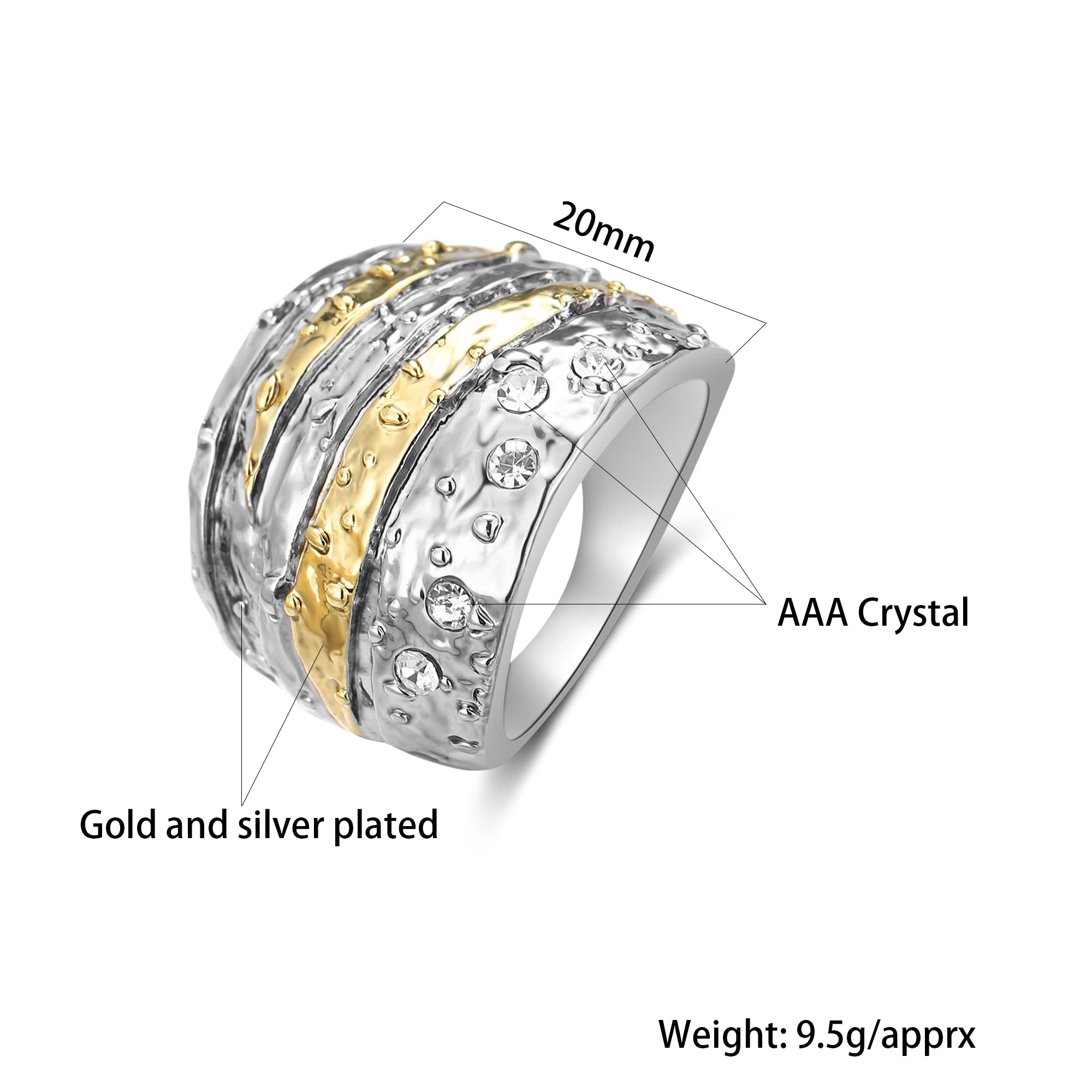 Mytys Gold Silver Statement Rings for Women Wire Intertwined Design Rose Gold Band Ring Silver Plated 20mm Wide (Crystal silver and gold, 9)