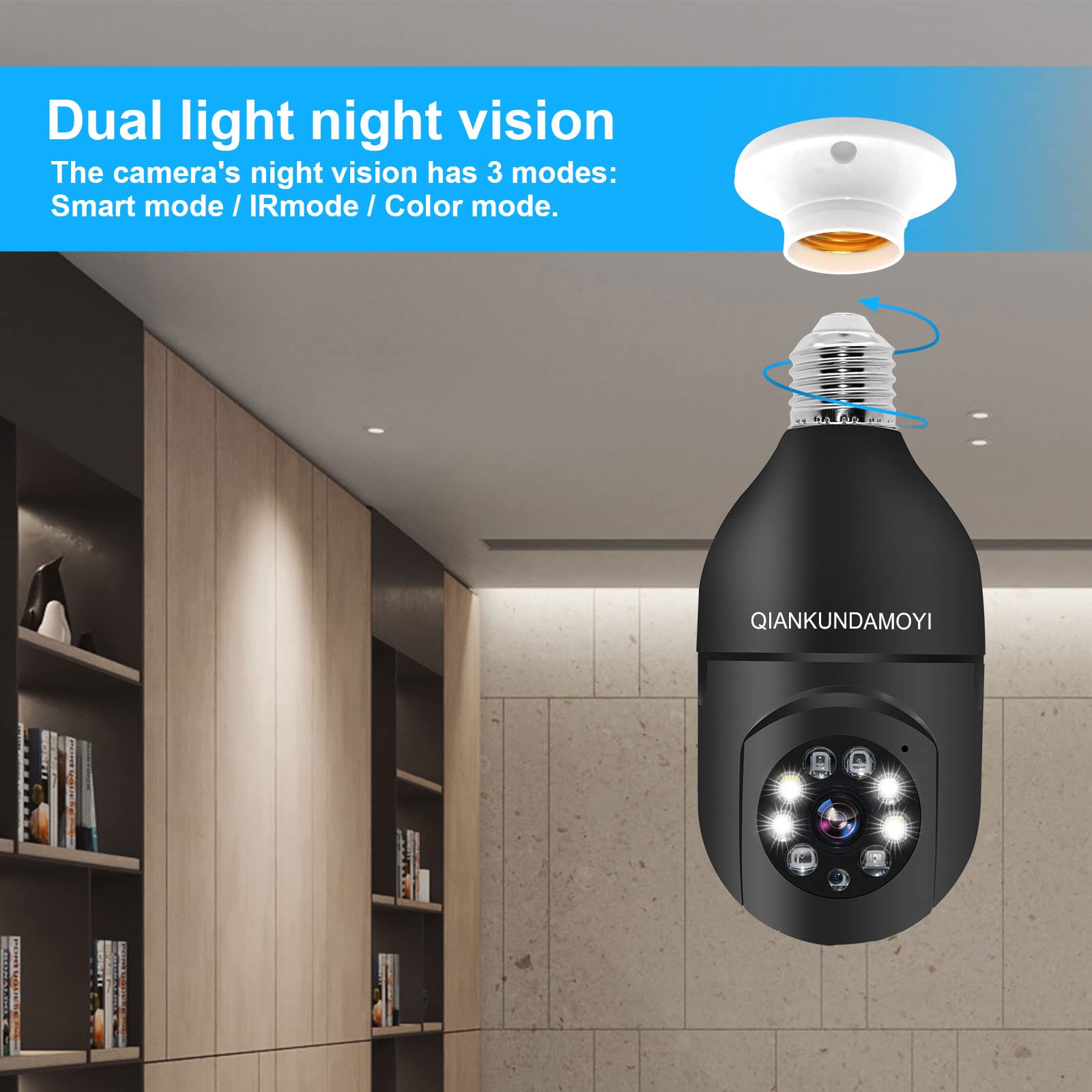 QIANKUNDAMOYI Light Bulb Security Camera 5G Light Socket 1080P 360 Night Vision Motion Detection Surveillance Cameras for Front Door Outdoor