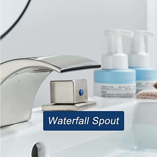 Oulantron Waterfall Widespread Bathroom Sink Faucet Bathroom Basin Sink Faucet LED with Changing 2 Handle 3 Hole Brushed Nickel Cold and Hot Water Mixer Vanity Bathroom Faucet