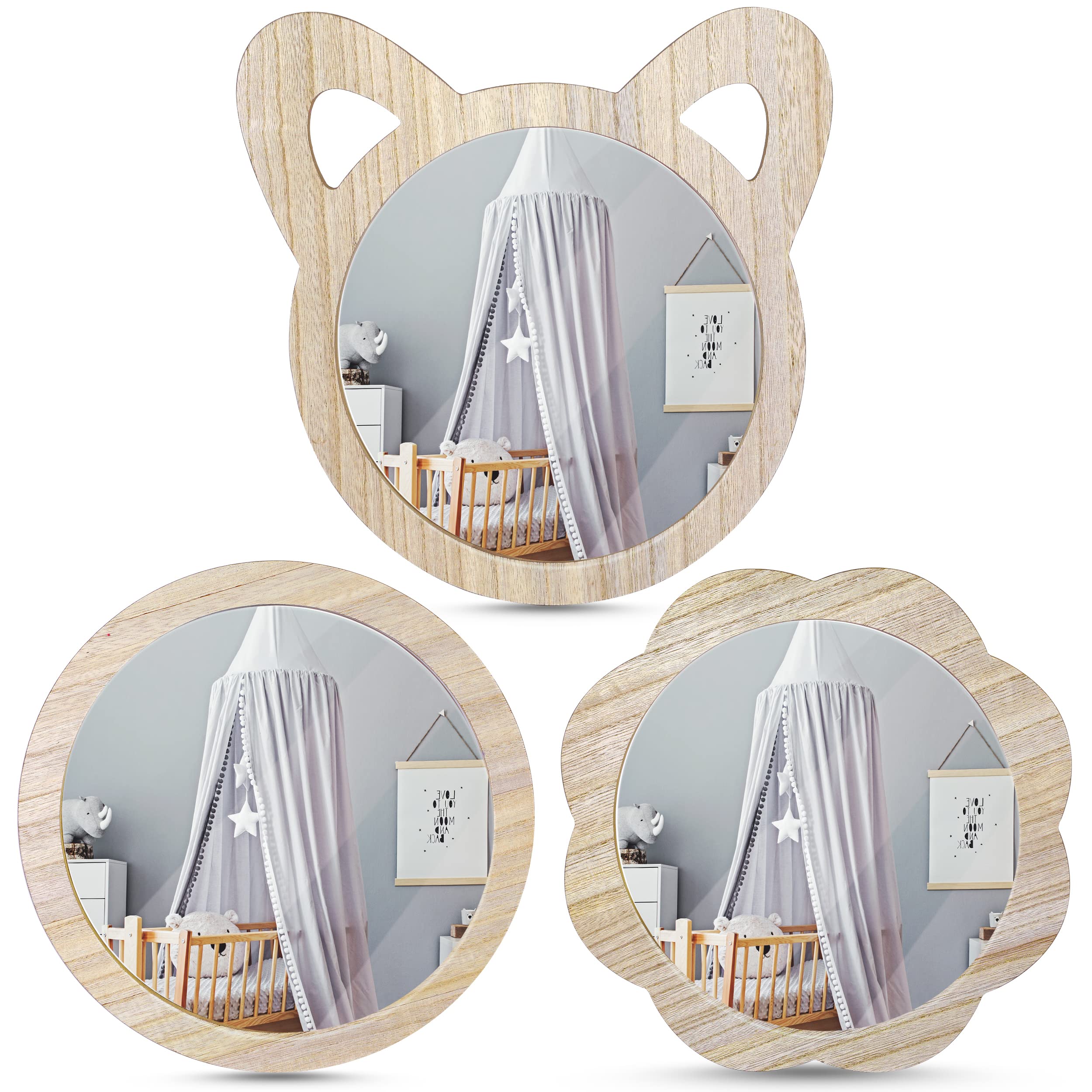 Round Wood Framed Mirror for Nursery Room Round Mirror Nursery Decor, Hanging Wall Mirror (Circle)