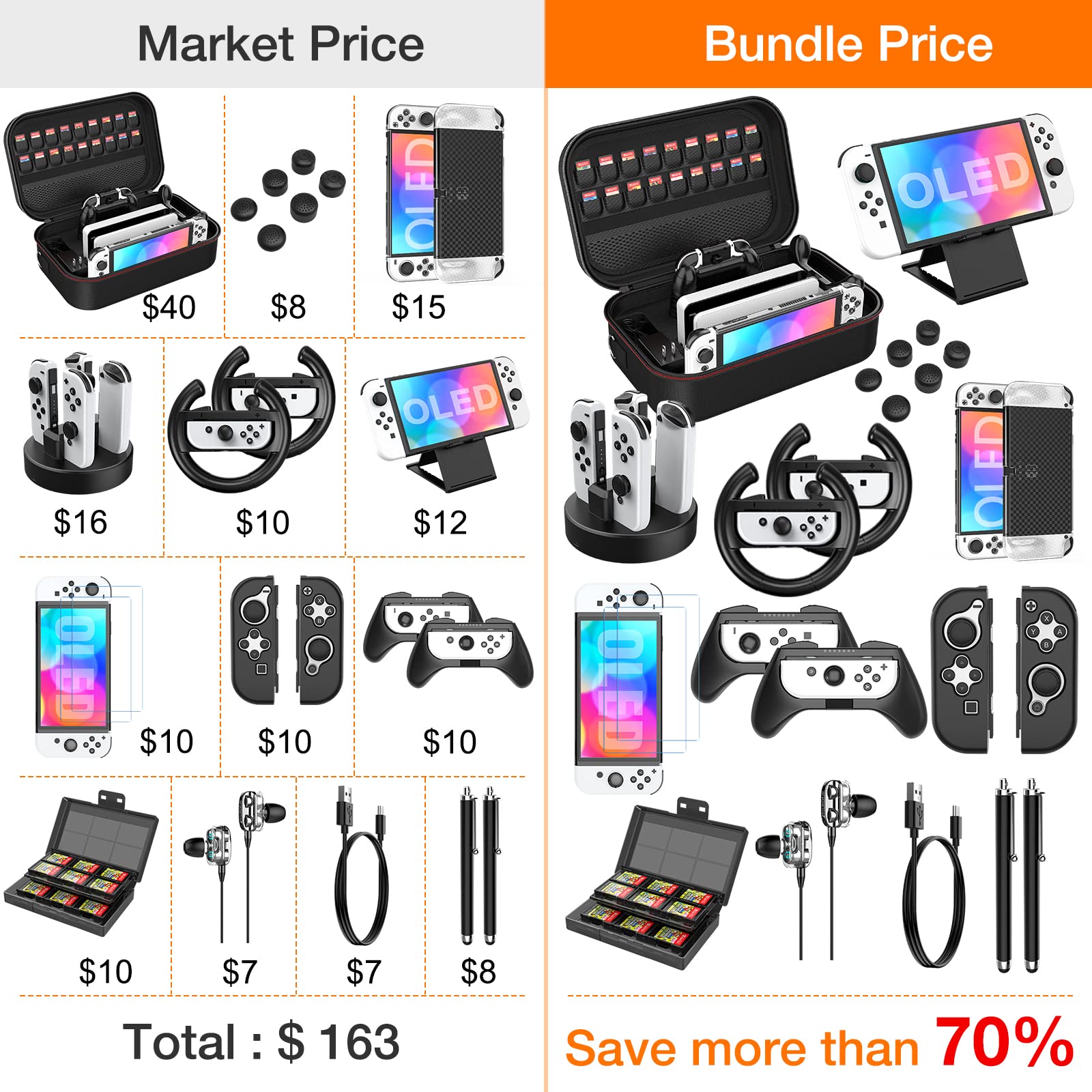 Mooroer Switch OLED Accessories Bundle 27 in 1 for Nintendo Switch OLED Model 2021, Gift Kit for OLED Carrying Storage Case, Dockable Protective Case Covers, Screen Protector, Joycon Grip & More