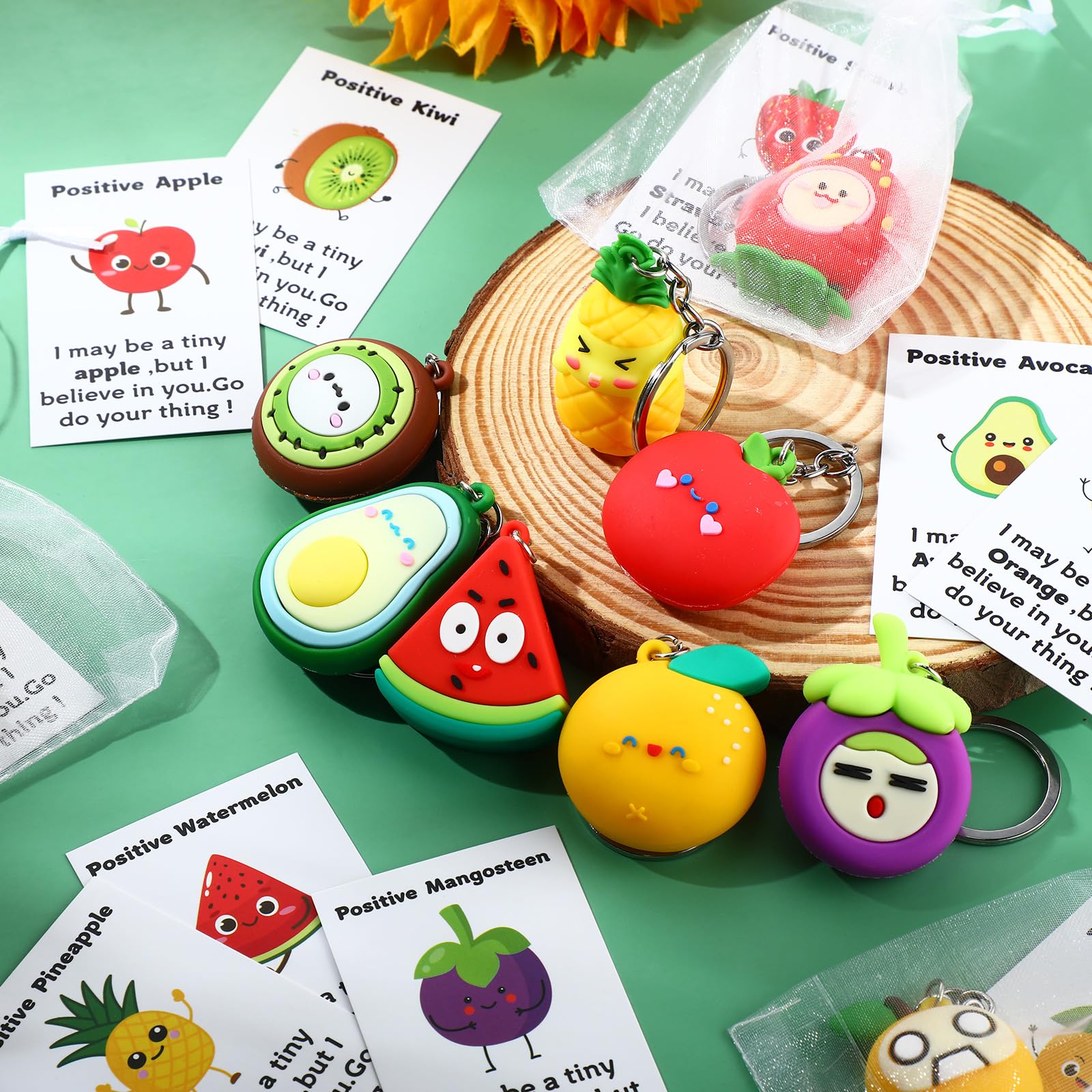 Quelay 30 Sets Positive Inspirational Fruit Keychain Bulk Employee Appreciation Gift Mini Fruit Cards Organza Bag Christmas Gift