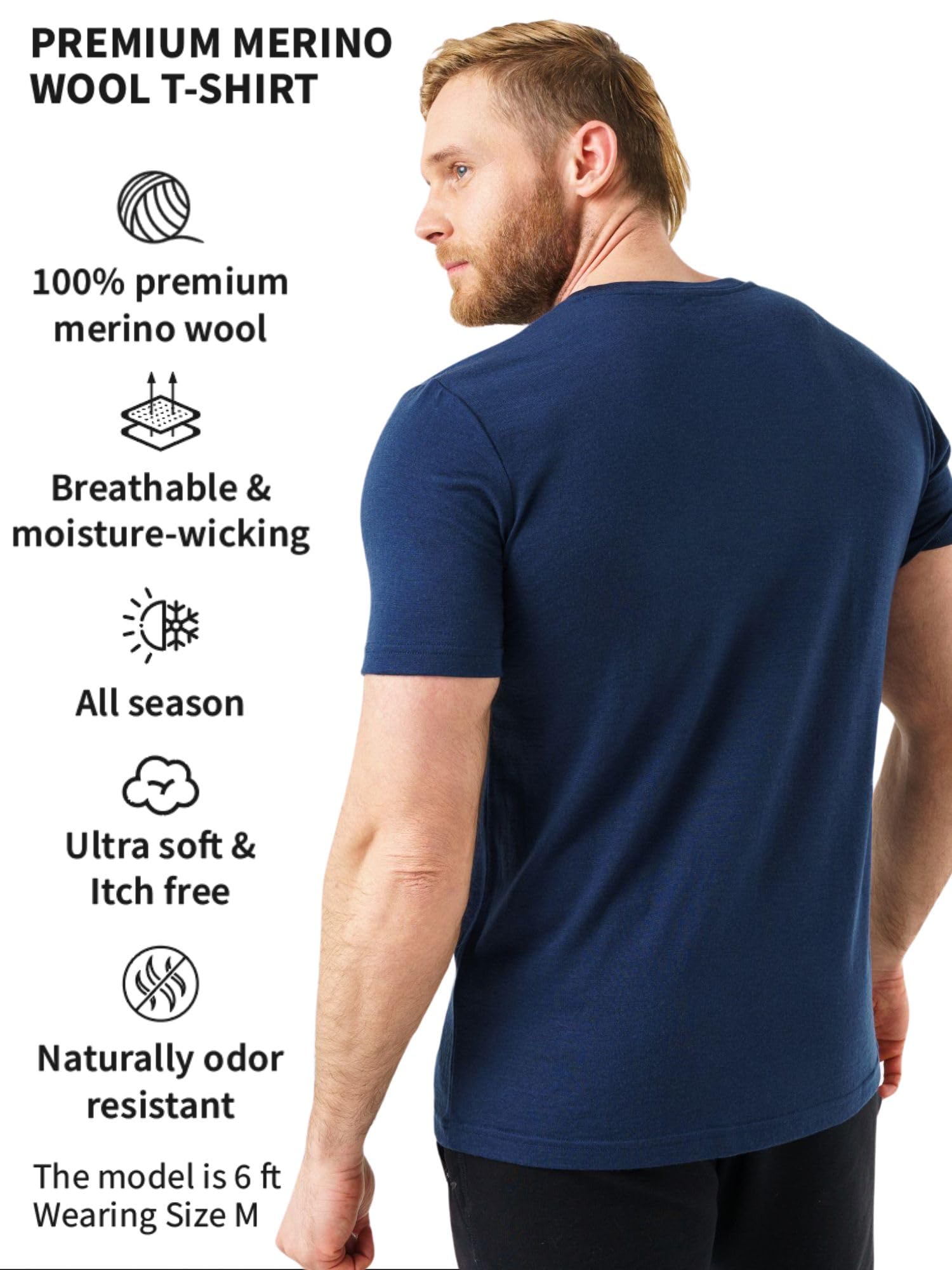 Merino.tech Merino Wool T-Shirt Mens - 100% Organic Merino Wool Undershirt Lightweight Base Layer (Large, Navy)