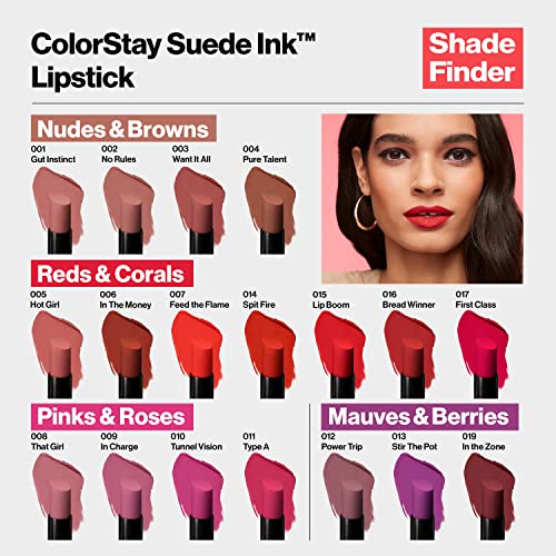 REVLON Lipstick, ColorStay Suede Ink, Built-in Primer, Infused with Vitamin E, Waterproof, Smudge-proof, Matte Color, 009 In Charge, 0.09 oz.