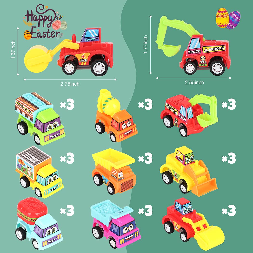 Oroalbb 27Pcs Easter Eggs with Toys Inside, Easter Eggs Filled with Pull Back Cars for Boys for Basket Stuffers/Filler, Easter Eggs with Construction Vehicles Toy