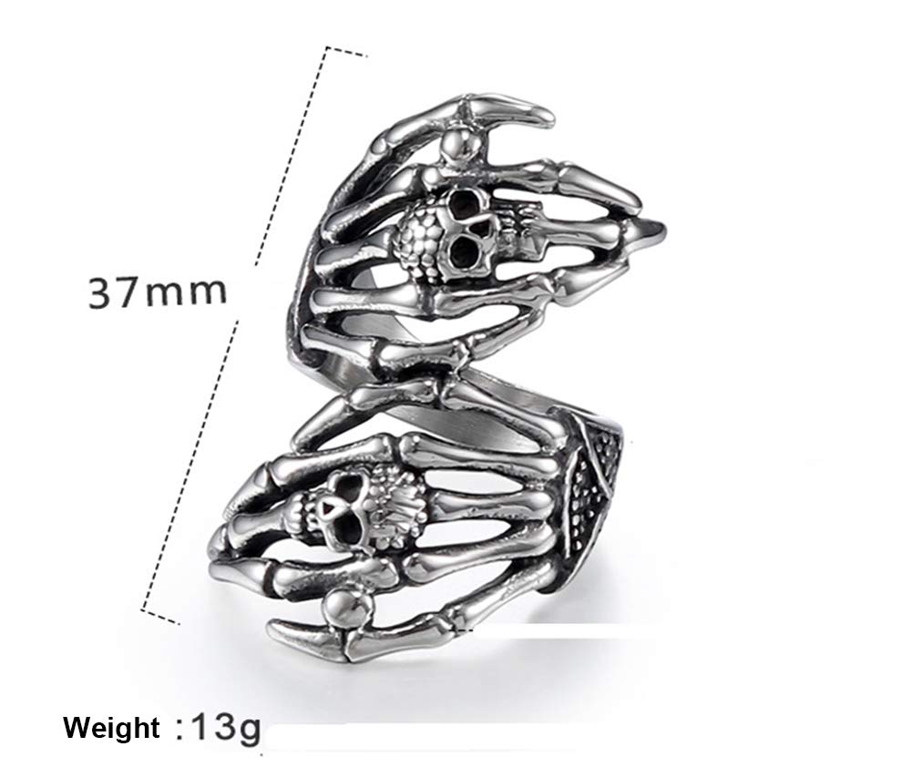 HIJONES Unisex Stainless Steel Gothic Punk Double Skull Skeleton Claws Ring Silver Size 8