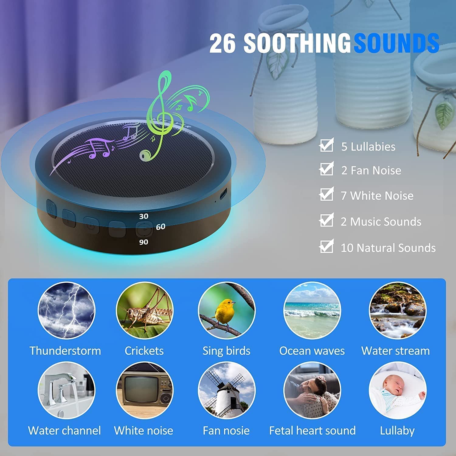 Portable White Noise Machine, Travel Mini Sound Machine with 26 Soothing Sounds and 7 Night Lights,Sound Machine for Kids & Adults