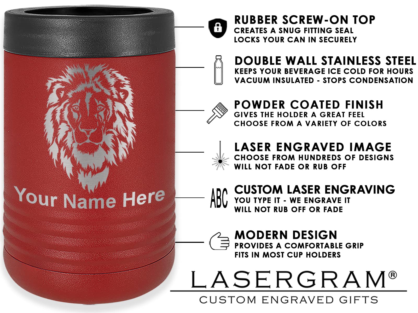 LaserGram Double Wall Insulated Beverage Can Holder, Horse Head 2, Personalized Engraving Included (Standard Can, Maroon)
