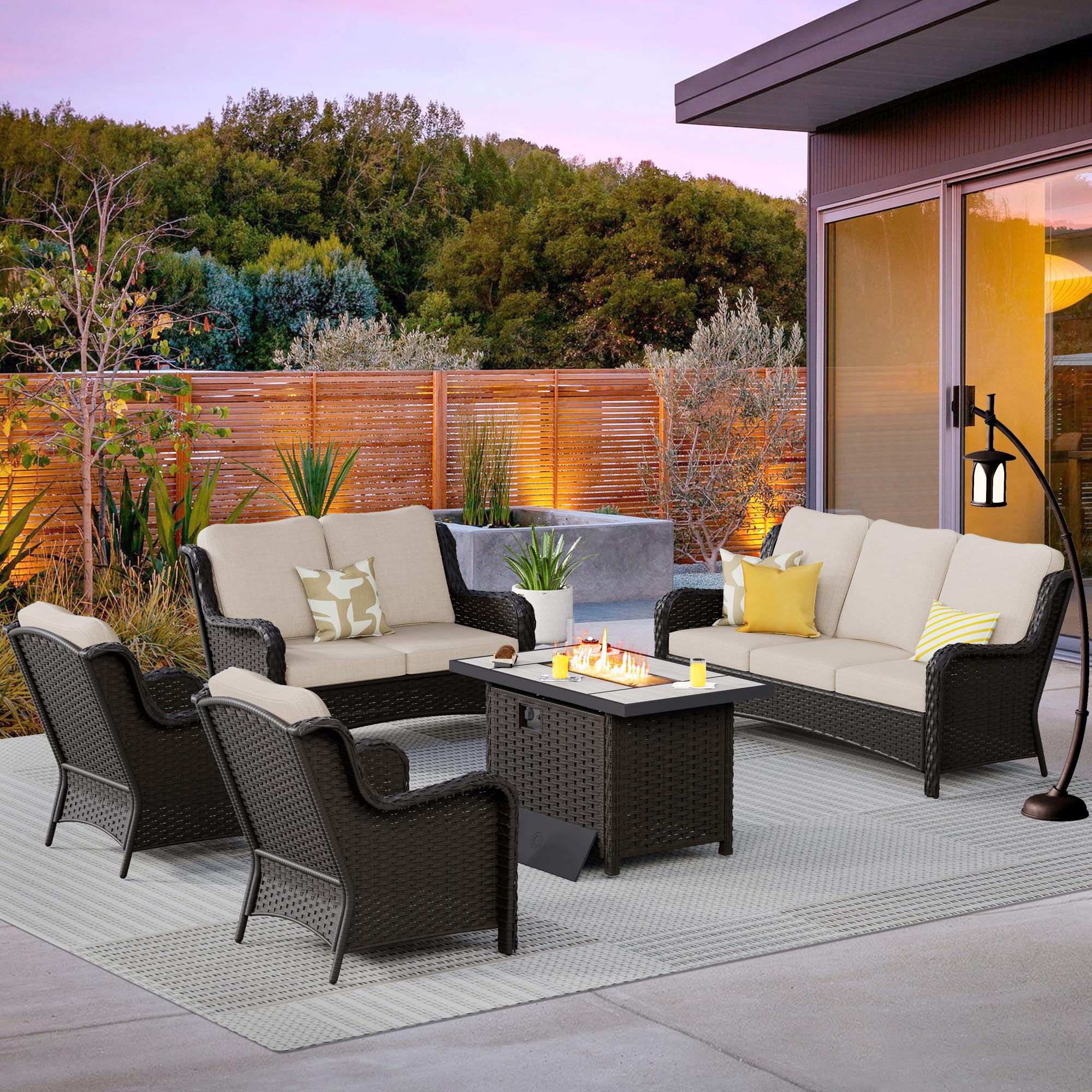HOOOWOOO Patio Outdoor Furniture Set with Large Fire Pit Table,5 Piece Modern Wicker Couch Sofa,Weather Resistant Conversation Seating Set High Back for 7 Persons(Light Gray)