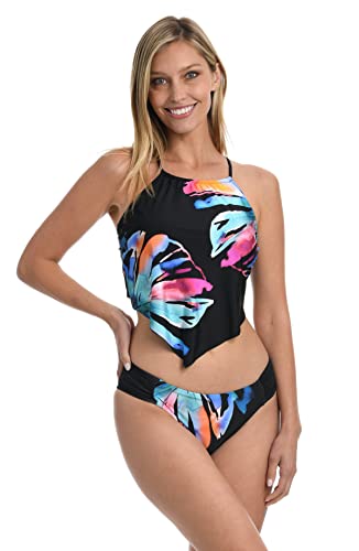 La Blanca Women's Standard Halter Handkerchief Tankini Swimsuit Top, Black//Prism Palm, 12