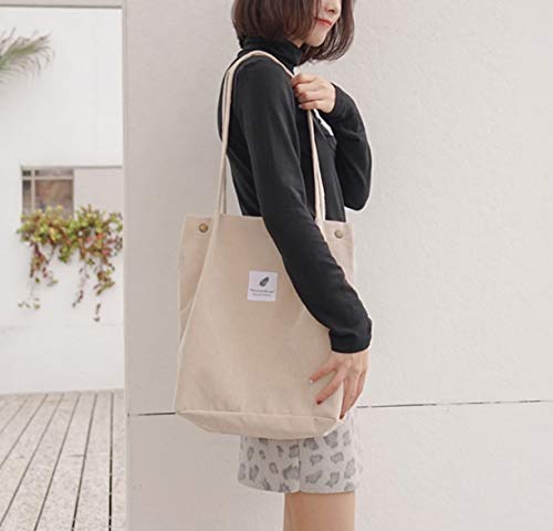 MODANA Corduroy Tote Shopping Bag with Interior Pocket, Reusable Washable and Ecofriendly, Perfect Totes for Shopping Travelling School and So on (Beige)