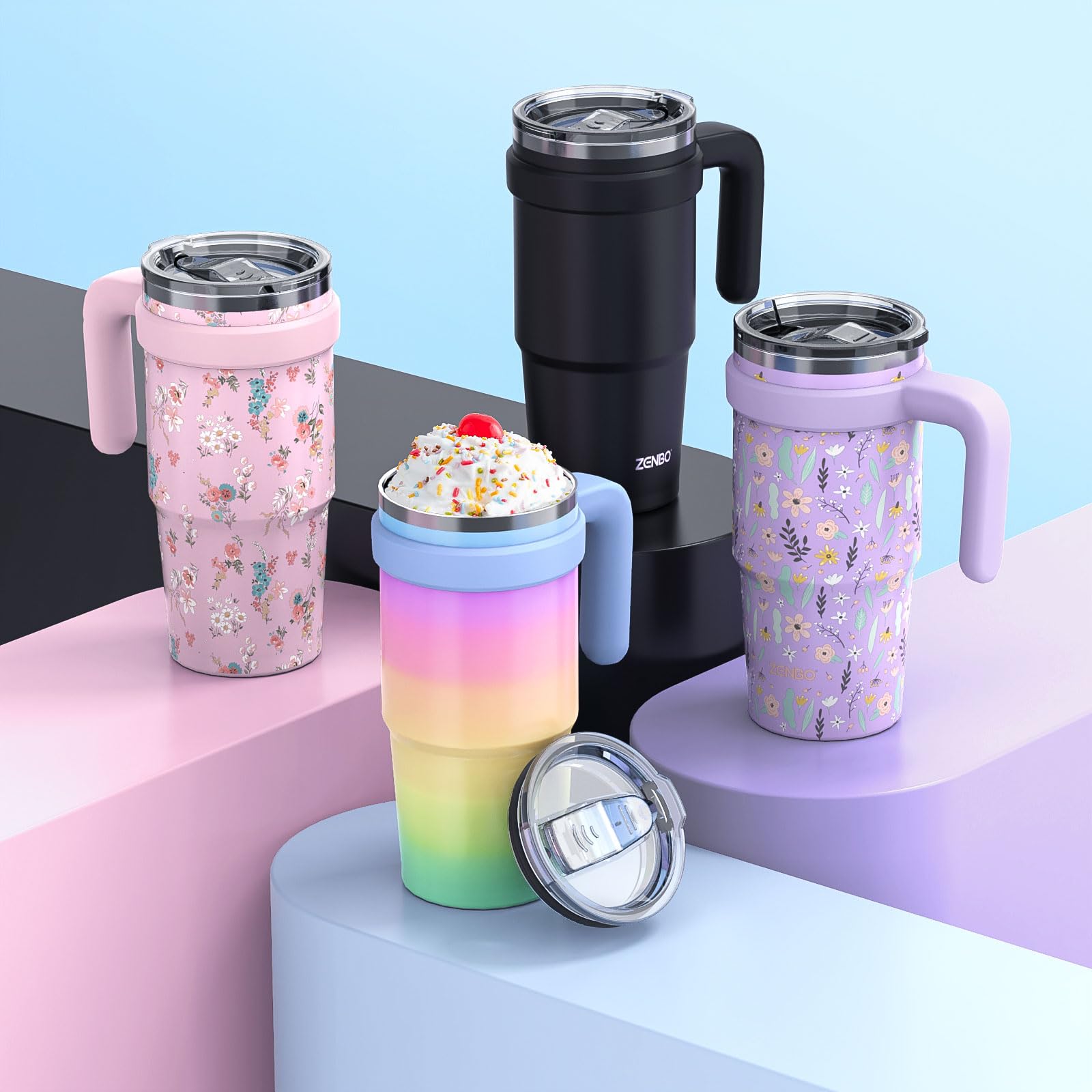 Zenbo 24 oz Insulated Cup with Handle,Silicone Boot,Leak-Proof Lid, Double Wall Vacuum Tumbler-Ideal For Cold/Hot Drinks,Travel Coffee Mug