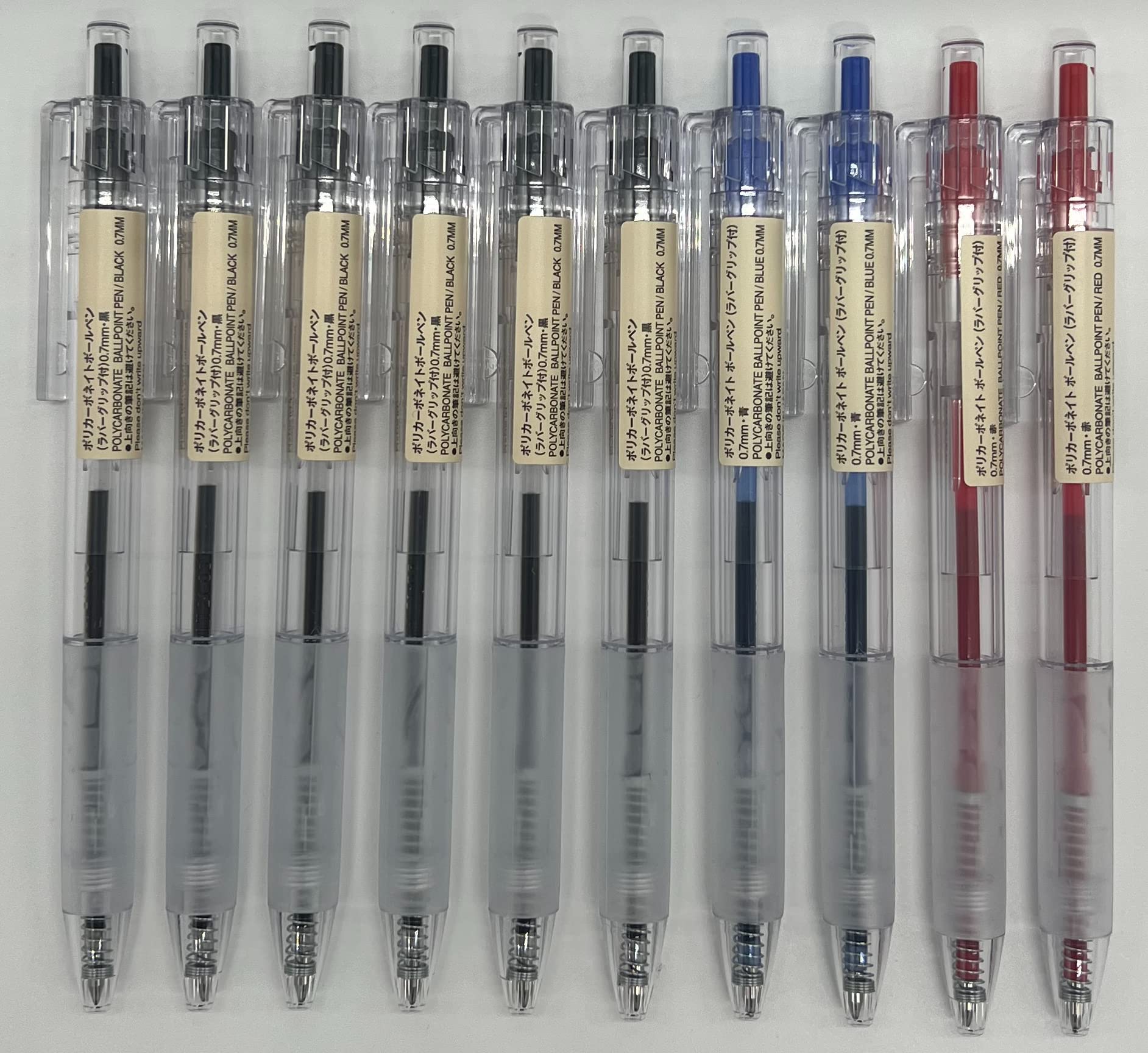 Moma Muji 0.7mm Oil Ink Polycarbonate Ballpoint Retractable Pen set 10 Pieces Set(6 Black 2 Blue 2 Red) with Original Pen Case 10 Count (Pack of 1)