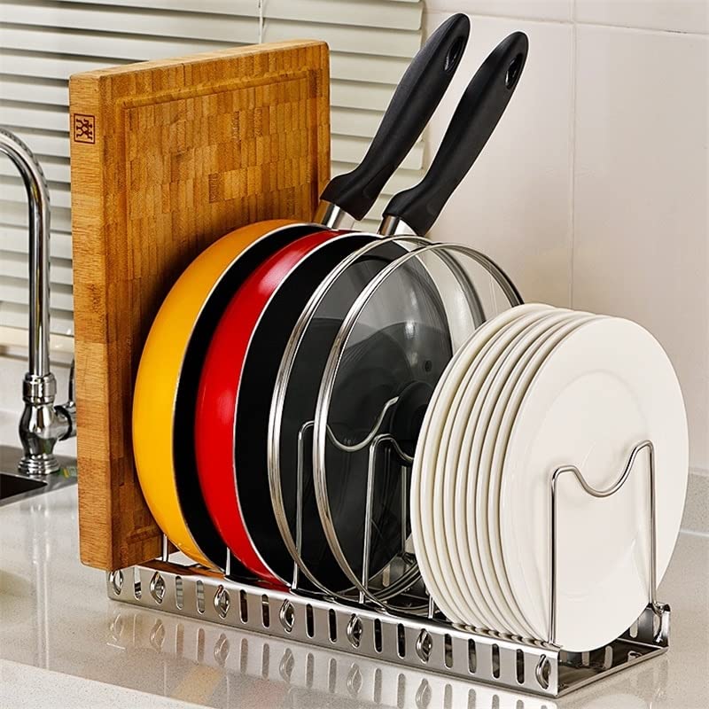 Kitchen Spice Rack Standing Shelf Pan Pot Lid Organizer Adjustable Dish Rack Drainer Cutting Board Holder Cookware Stand Holder for Cabinet Storage Kitchen Countertop Sav
