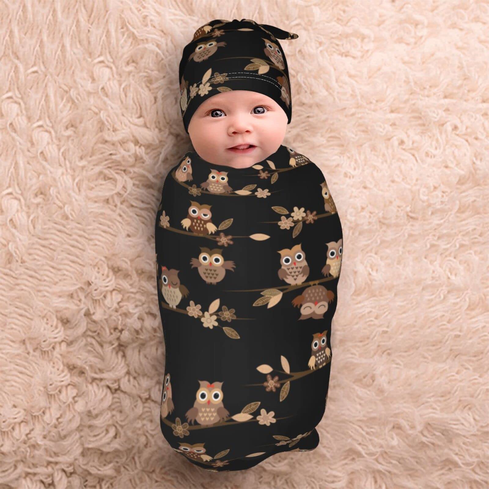 Qwalnely Swaddling Blanket for Baby, Sleeping Sacks, Unisex Baby Stuff with Hat, Black, Owl