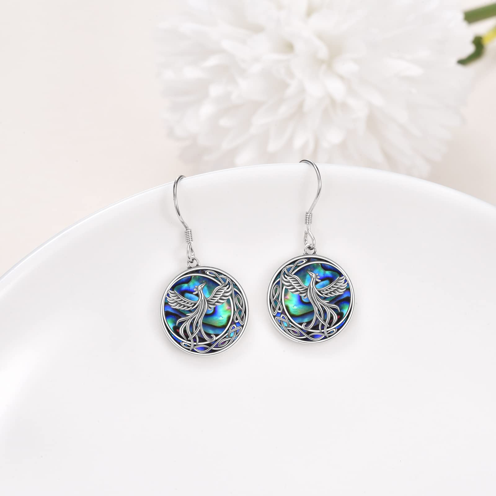 ONEFINITY Phoenix Gifts Sterling Silver Celtic Crescent Phoenix Earrings Abalone Shell Nirvana of Phoenix Jewelry for Women