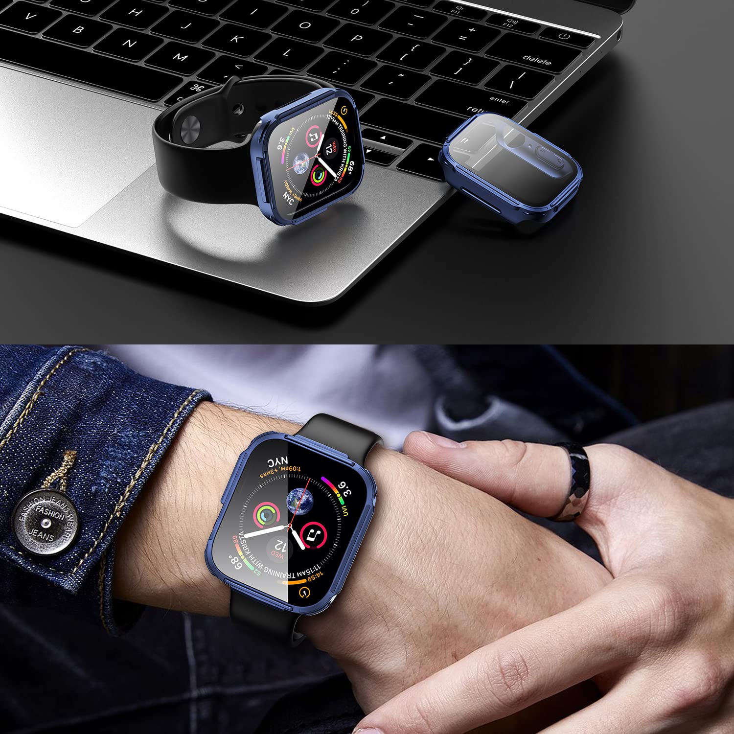 Mesime Rugged Case Compatible for Apple Watch Series 9 8 7 45mm with Tempered Glass Screen Protector, iWatch Case Protective Accessories Shockproof Bumper Cover Men/Women -Blue