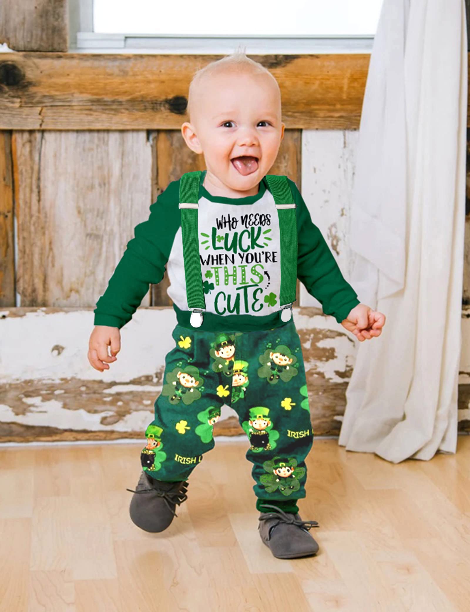 Queenstyle St Patricks Day Baby Boy Outfitt 3-6 Months My First St Patricks Day Baby Boy Outfit Romper Suspender Pants Print Hat 3Pcs Set