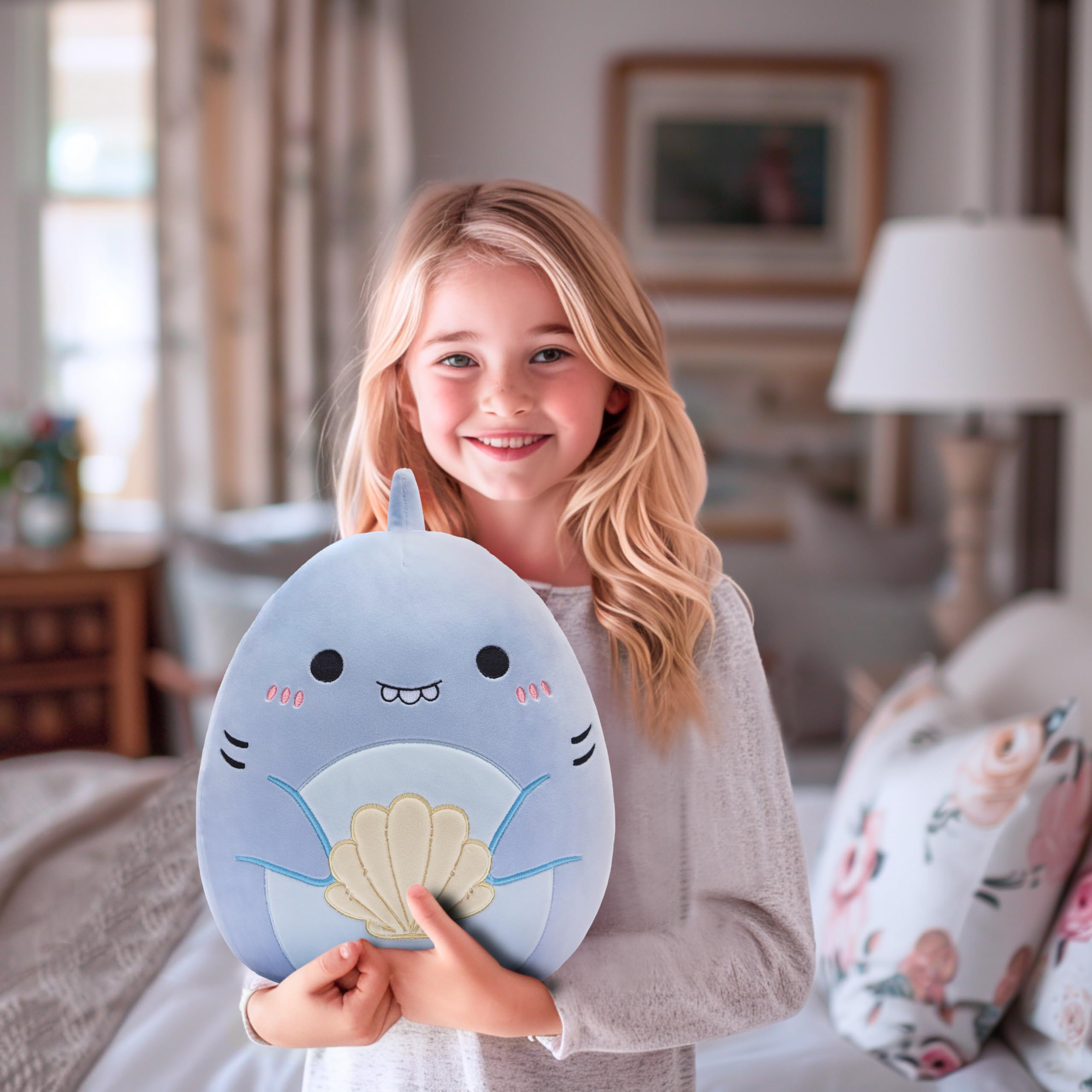 PLAYNICS Large Shark Plush Pillow Stuffed Animal Toy,Big Size Cute Soft 14" Fat Kawaii Hugging Pillows Cuddle Huggable Plushie,Gift for Children