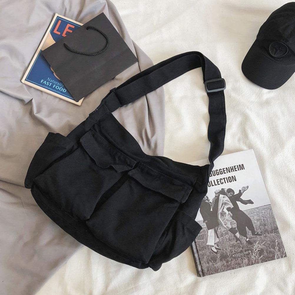 Messenger Bag Unisex Canvas Shoulder Bag Large Capacity Crossbody Bag with Multiple Pockets Vintage Hobo Shoulder Tote Bag (black)